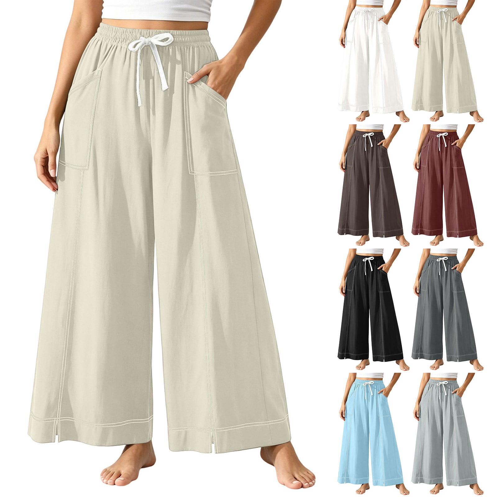 AHTJRT Lightweight Wide Leg Pants for Women Casual Elastic High Waist ...