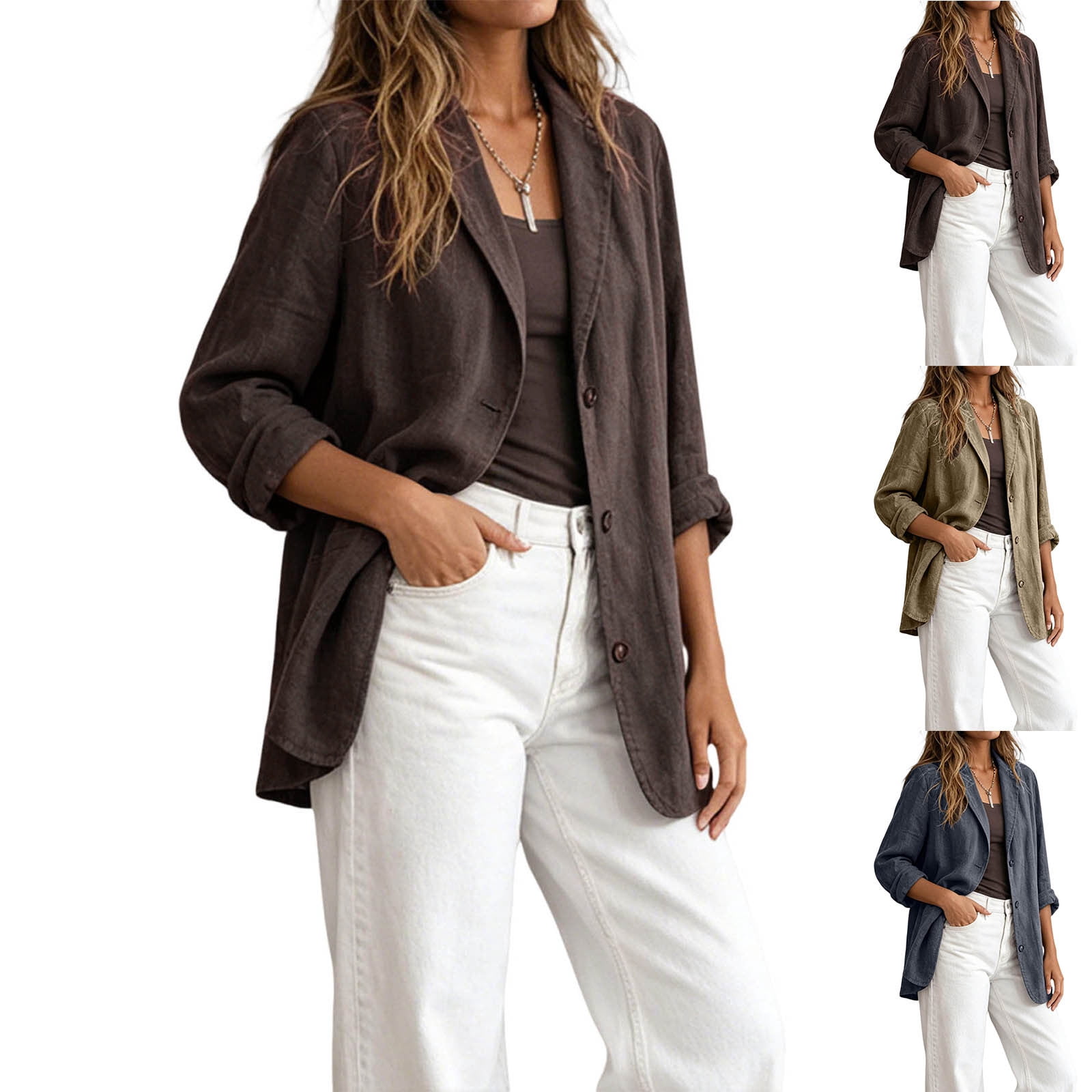AHTJRT Linen Blazer for Women 3/4 Sleeve Notched Lapel Fashion Summer ...