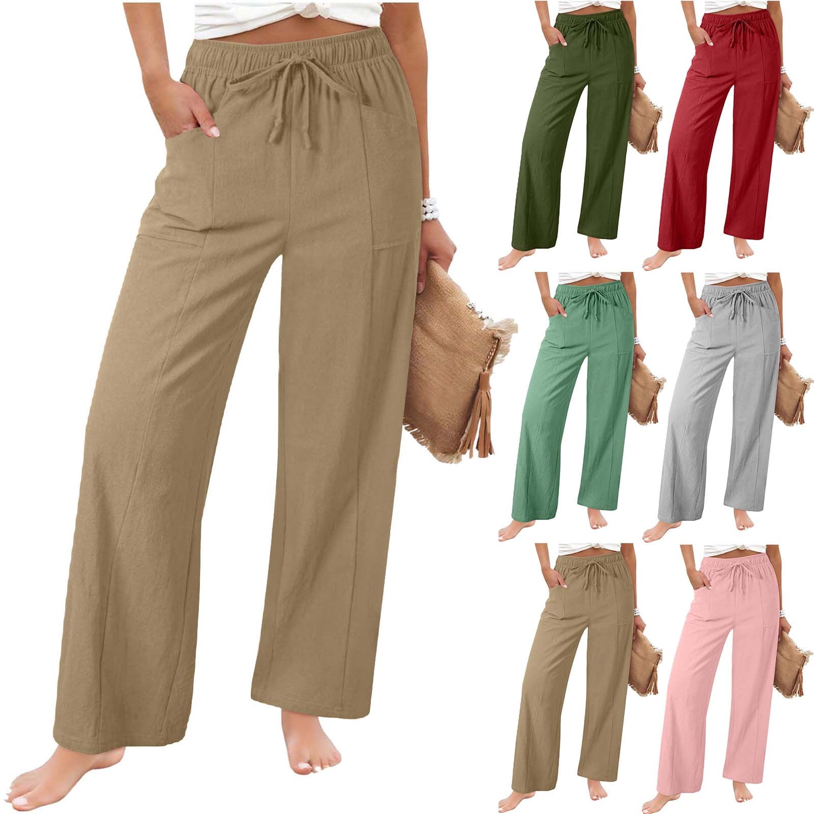 AHTJRT Linen Pants for Women Drawstrings Elastic Waist Slacks Pants ...