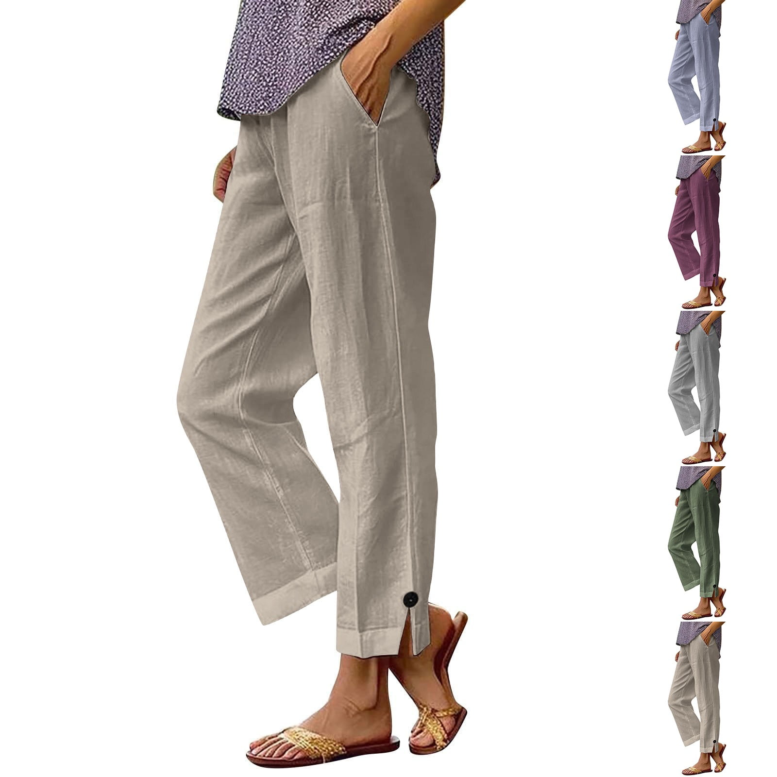 AHTJRT Linen Pants for Women Side Split Ankle Length Straight Wide Leg ...