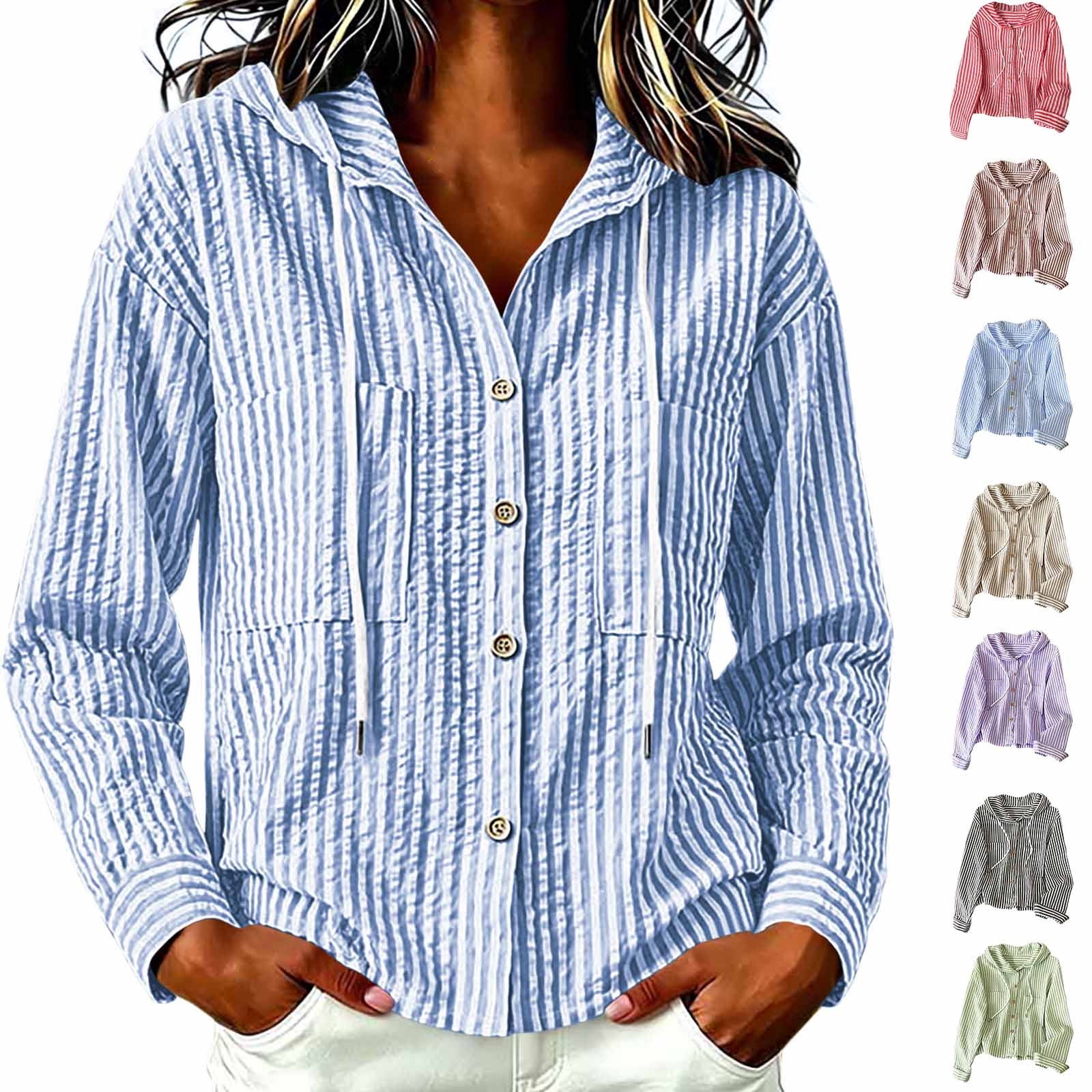 AHTJRT Long Sleeve Button Down Shirts for Women Striped Texture Knit ...