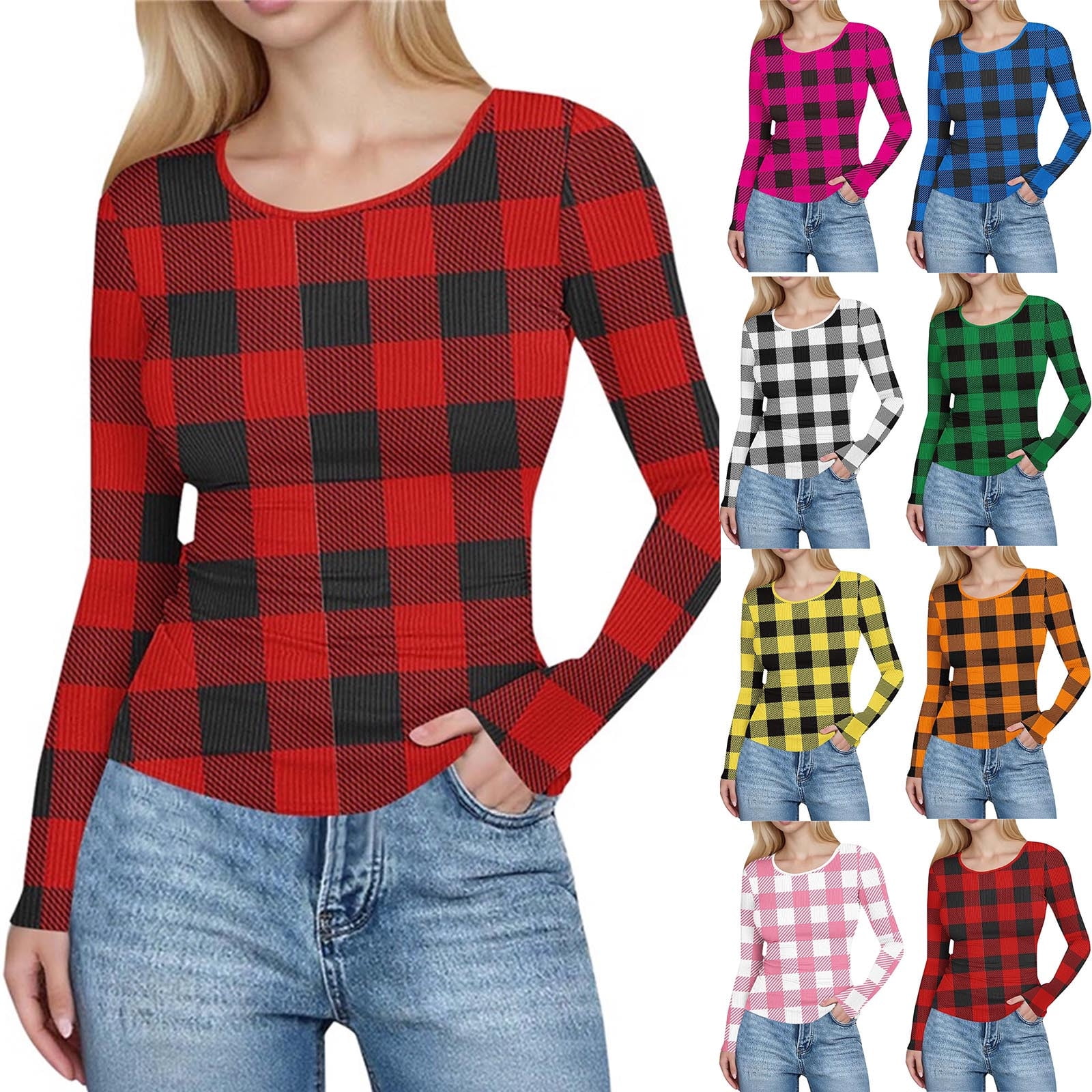 AHTJRT Long Sleeve Plaid Shirts for Women Slim Fit Ribbed Knit Crew ...