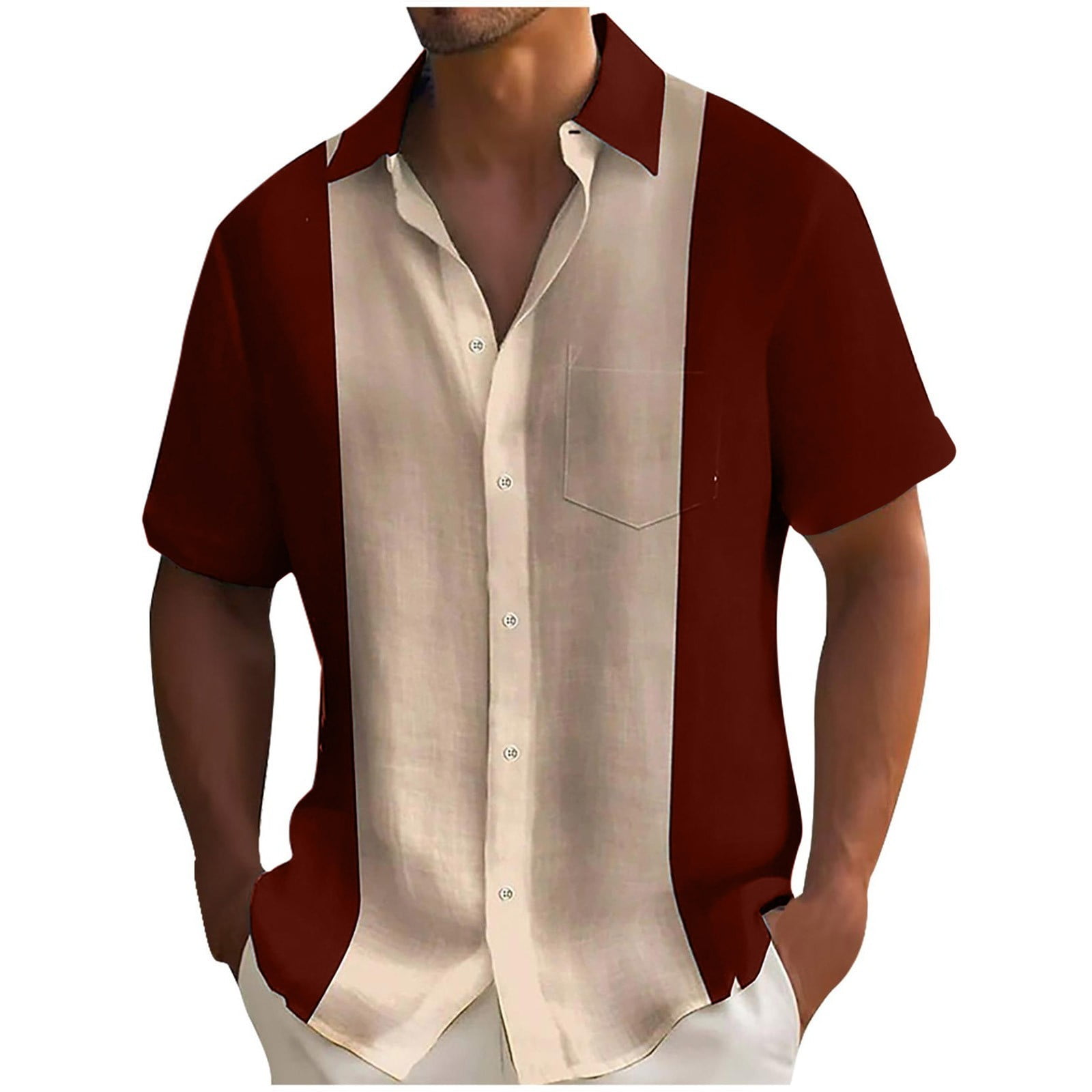 AHTJRT Men's Casual Short Sleeve Button-Up Shirt Chest Pocket Contrast ...