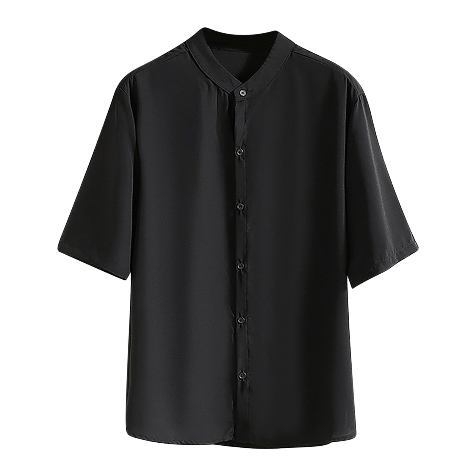 AHTJRT Men's Casual Short Sleeve Cotton Shirt Stand Collar Button-Up ...