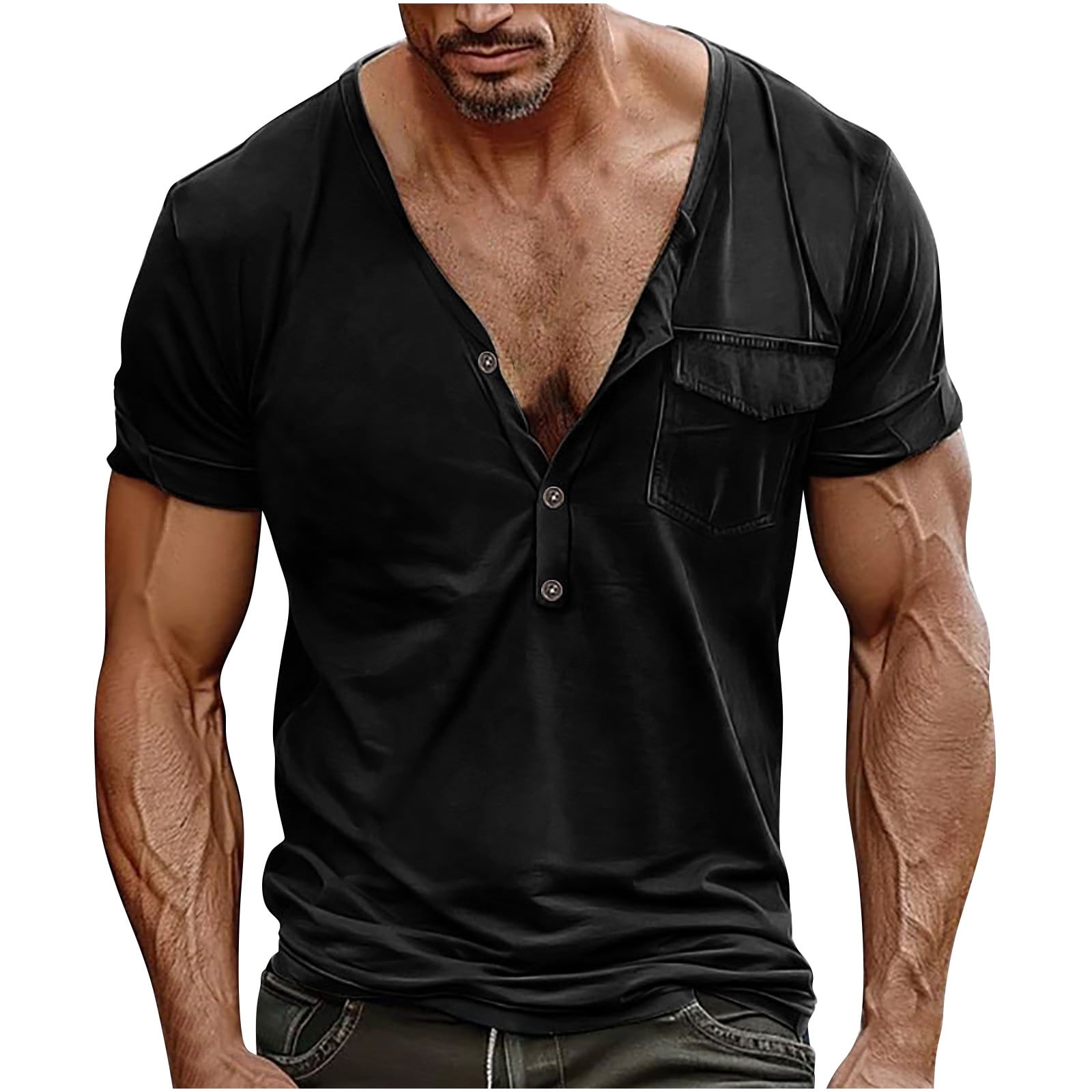 AHTJRT Men's Casual Short Sleeve Deep V-Neck Button Cut Out Solid Color ...