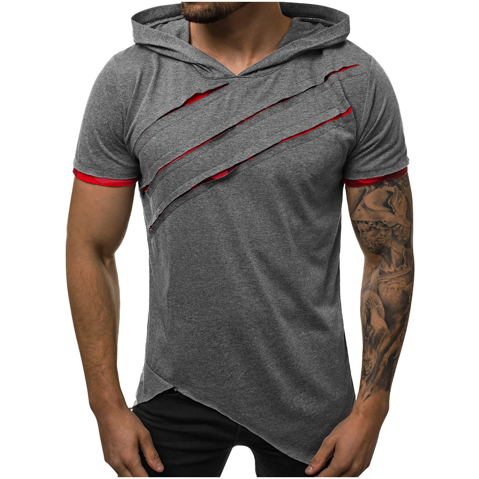 AHTJRT Men's Casual Short Sleeve Hooded T-Shirt Asymmetric Hem Diagonal ...