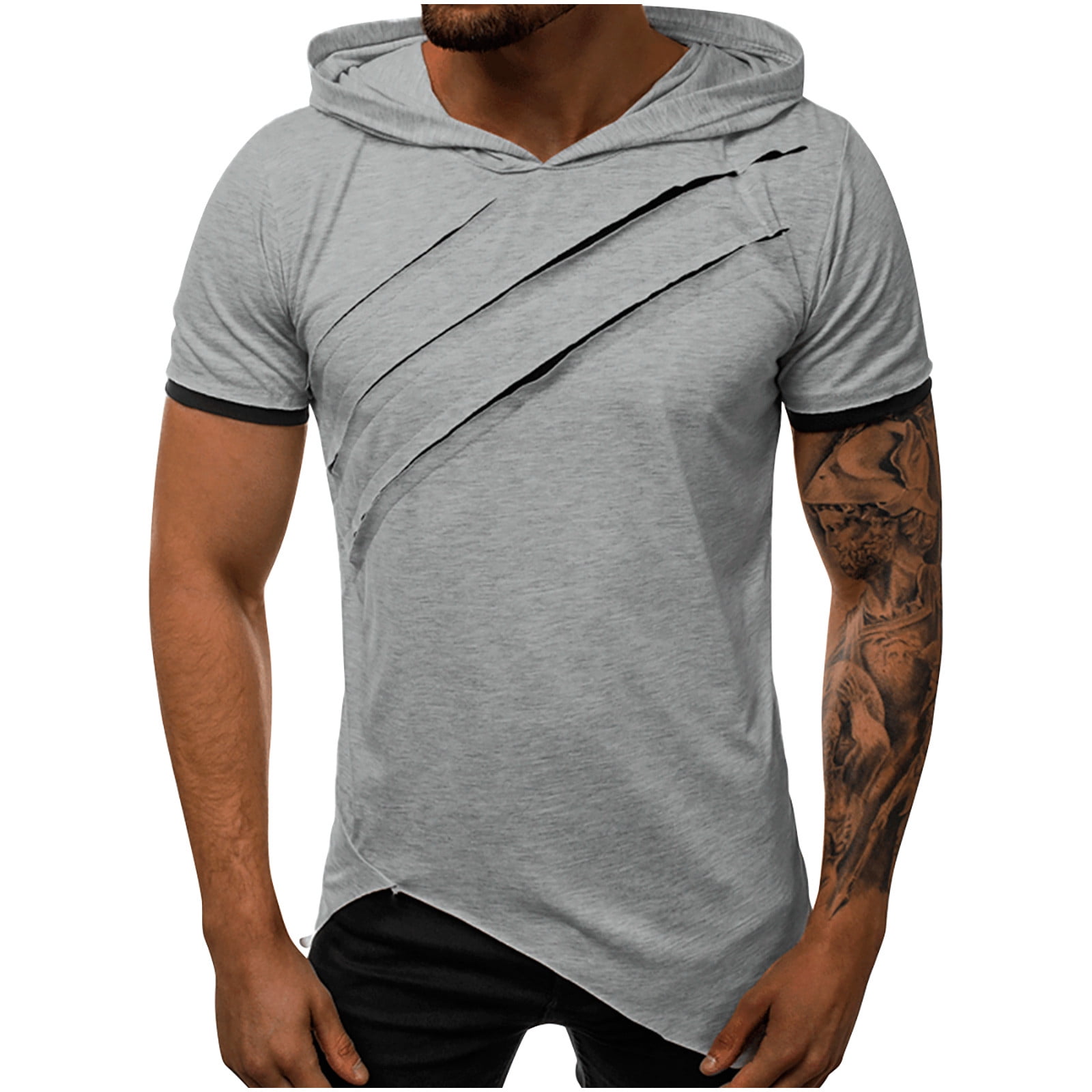 AHTJRT Men's Casual Short Sleeve Hooded T-Shirt Asymmetric Hem Diagonal ...