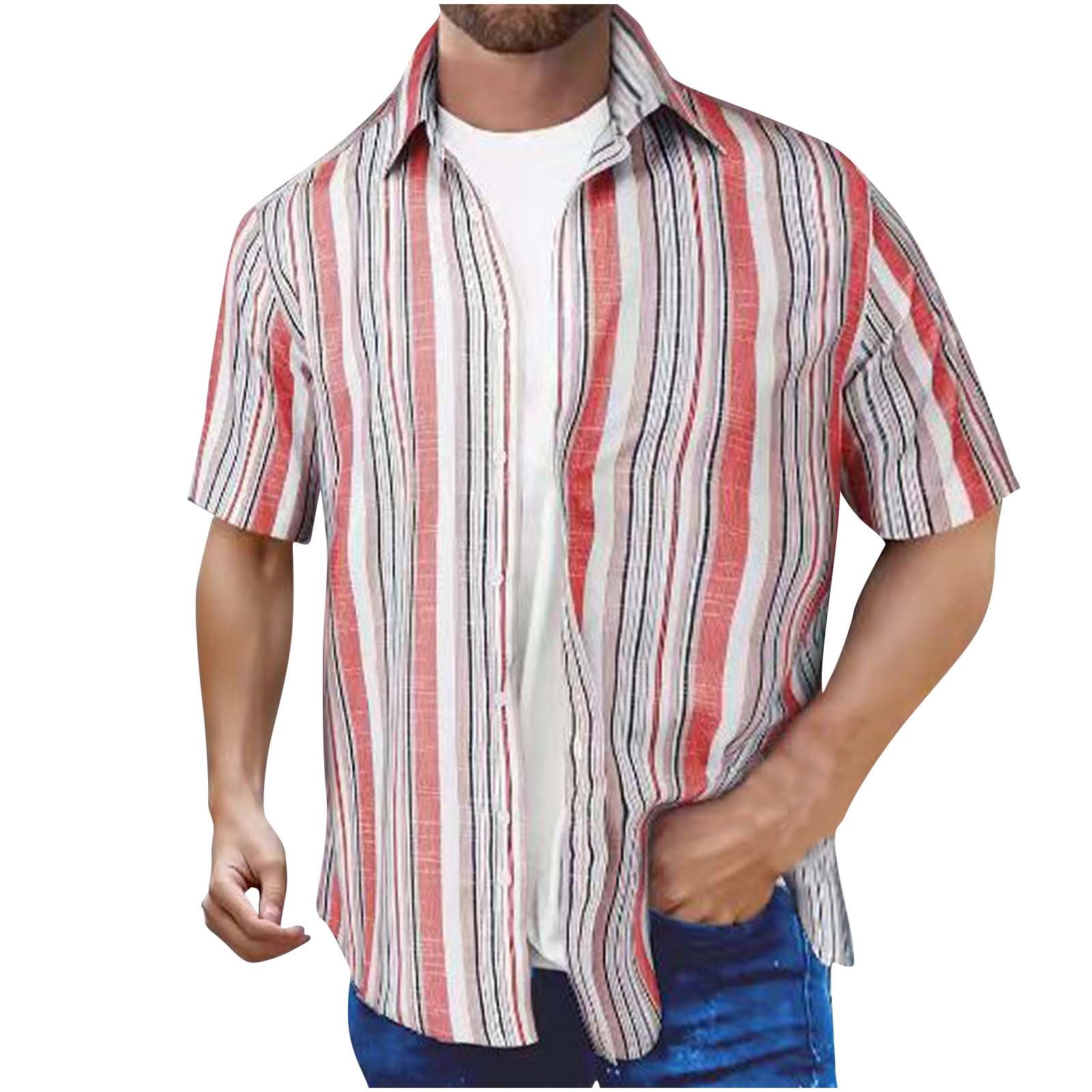 AHTJRT Men's Casual Short Sleeve Striped Shirt Loose Fit Lapel Neck ...