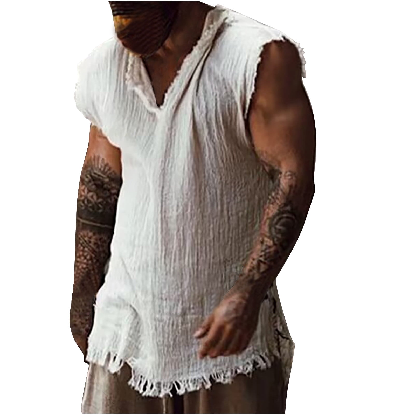 AHTJRT Men's Casual Sleeveless VNeck Tunic Top Stylish Comfy Lightweight Pullover Frayed Edges ...