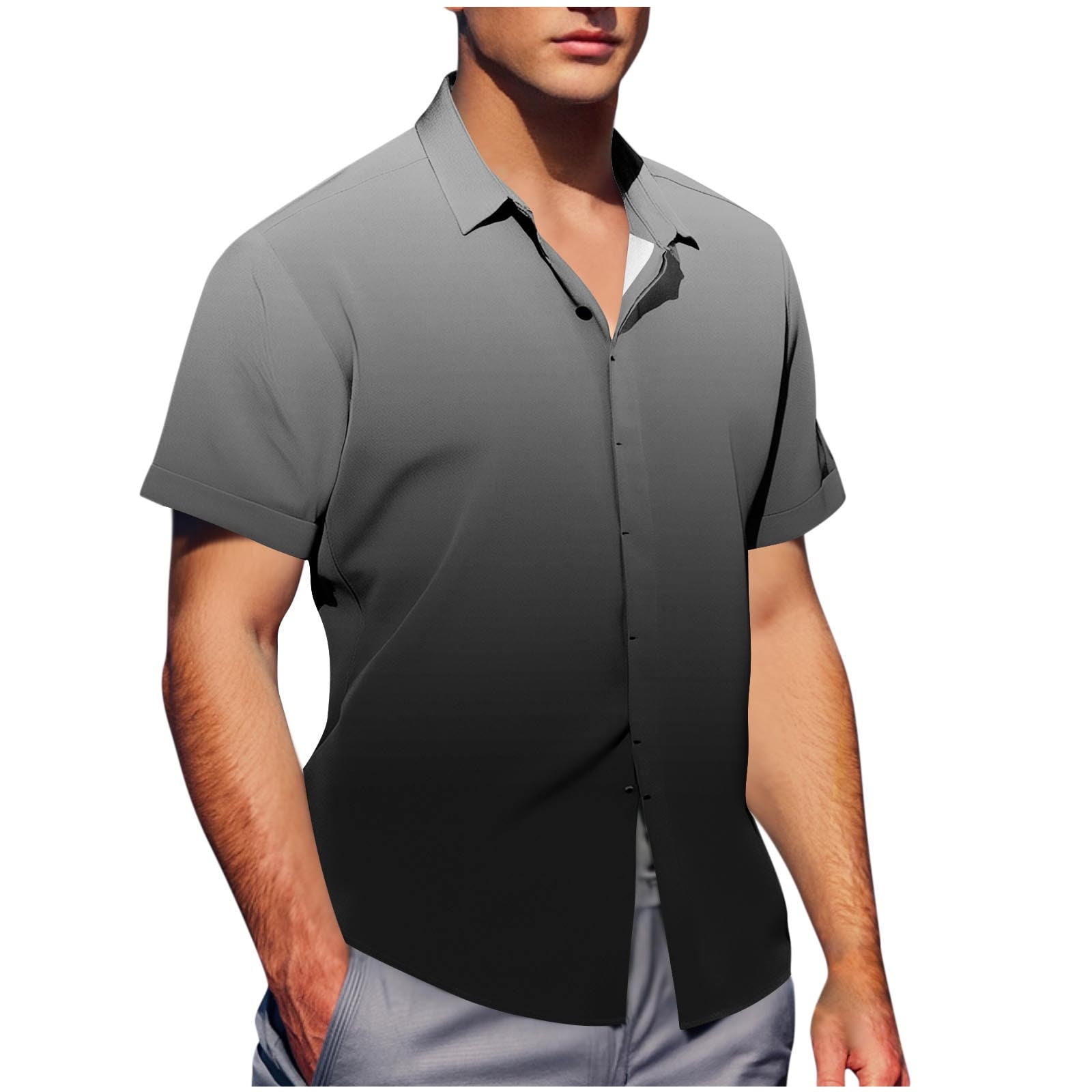 AHTJRT Men's Fashion Gradient Color Casual Summer Loose Beach Vacation Short Sleeve Button Down ...