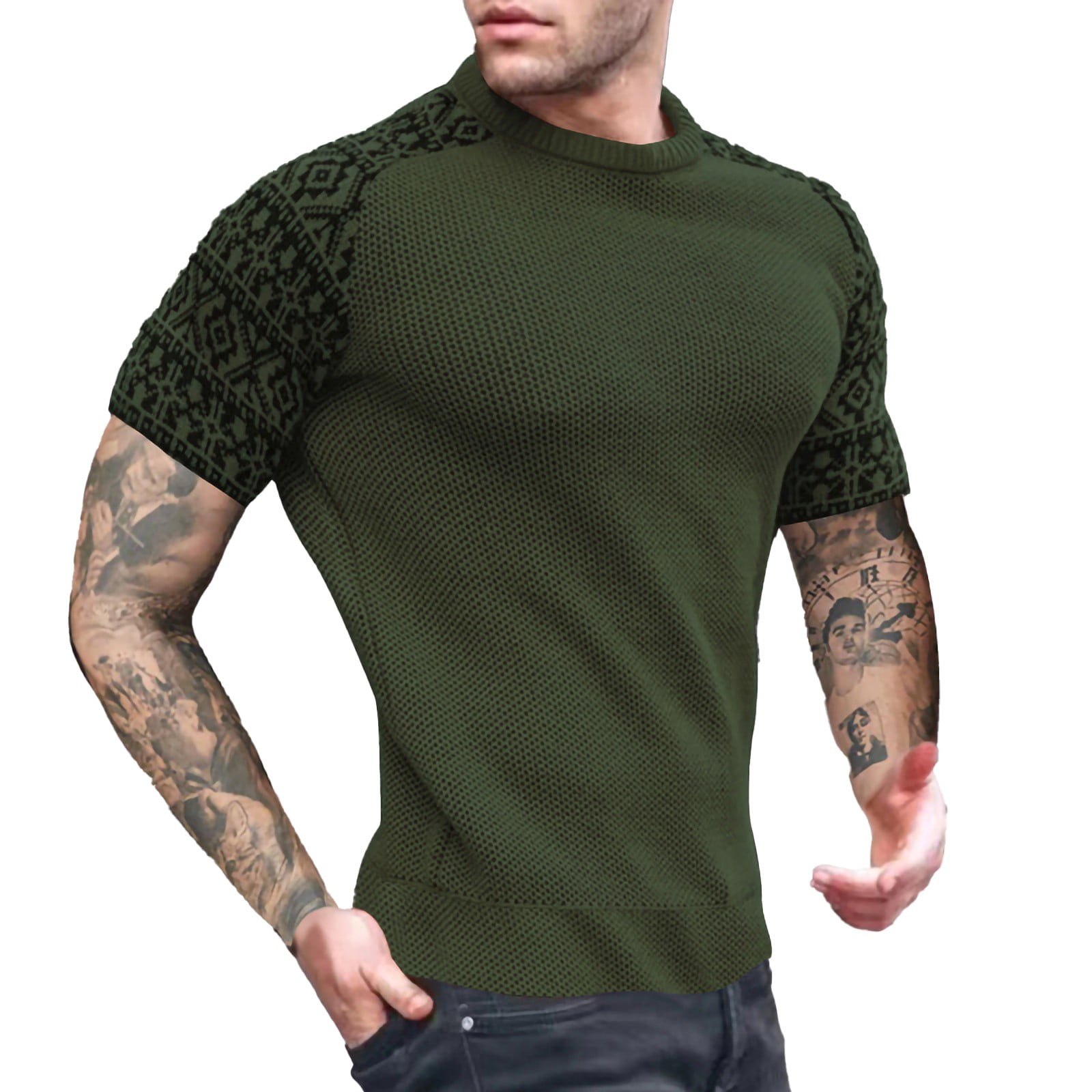AHTJRT Men's Lightweight Geometric Knit T-Shirt Short Sleeve Stylish ...