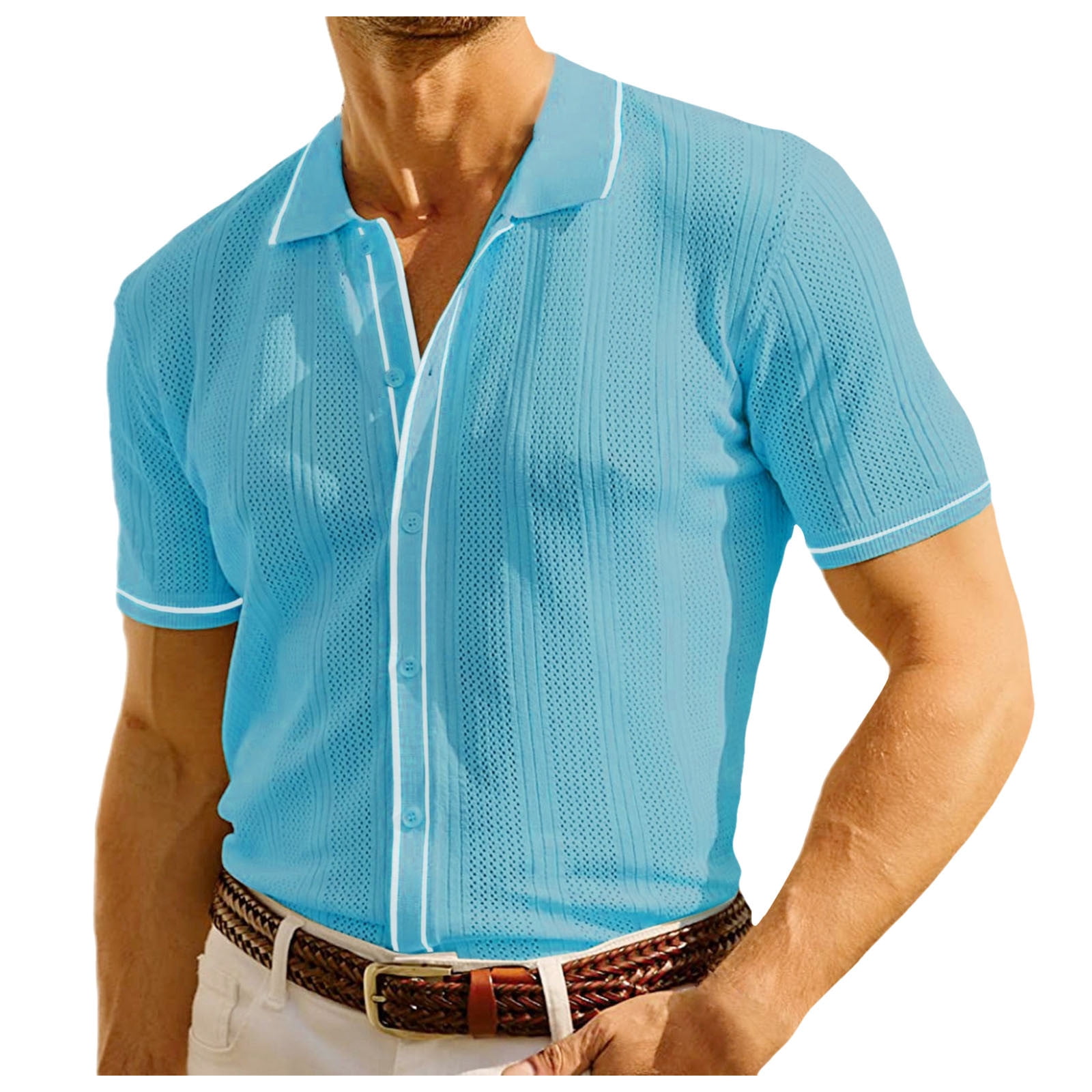 AHTJRT Men's Short Sleeve Button Up Shirt Versatile Ribbed Texture Contrast Piping Casual Wear ...