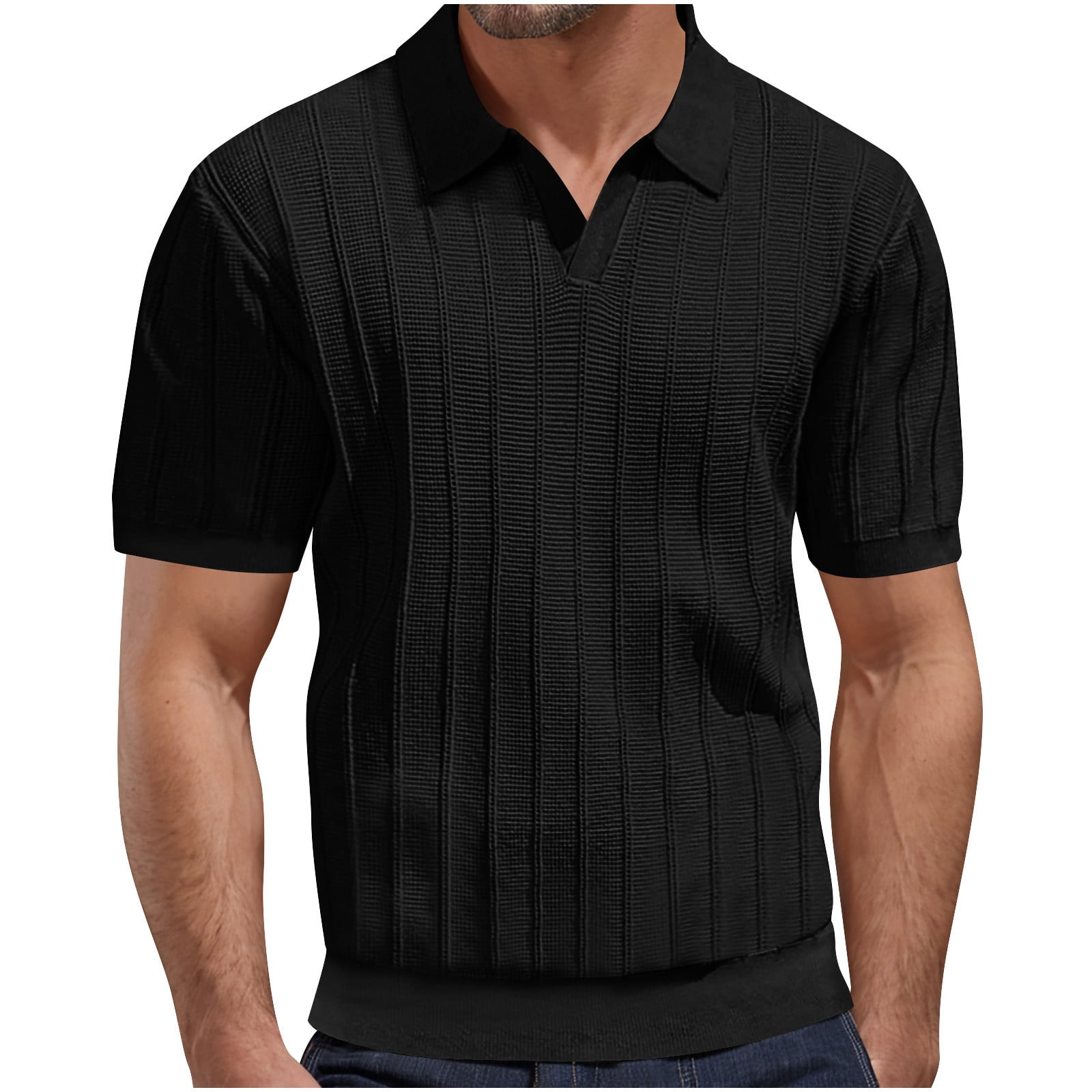 AHTJRT Men's Short Sleeve Round Neck Polo Shirts Fashion Striped Solid ...