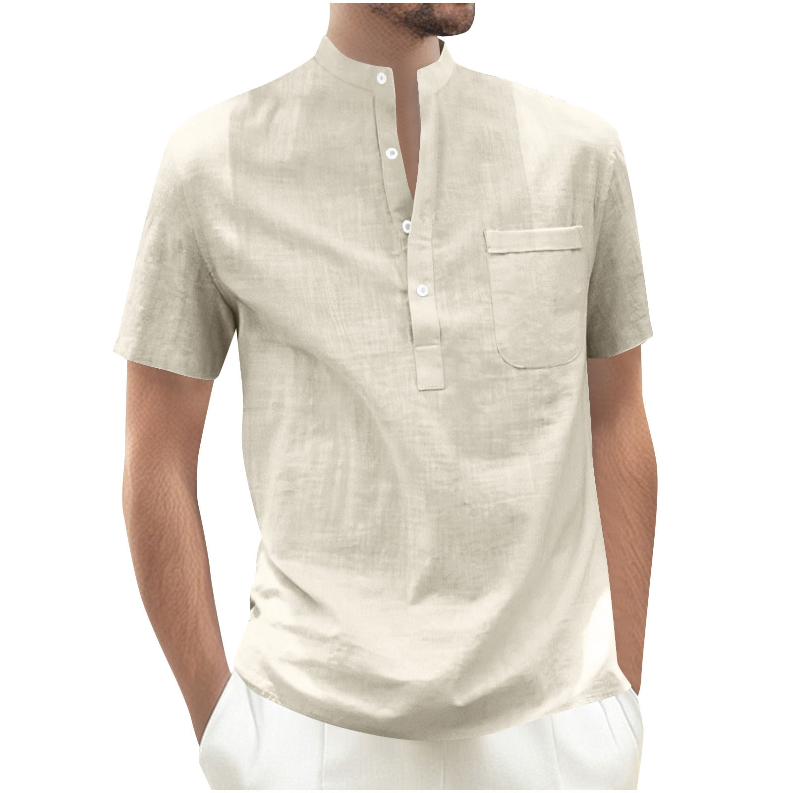 AHTJRT Men's Stand Collar Cotton Linen Henley Short Sleeve Casual Beach Hippie T-Shirts with ...