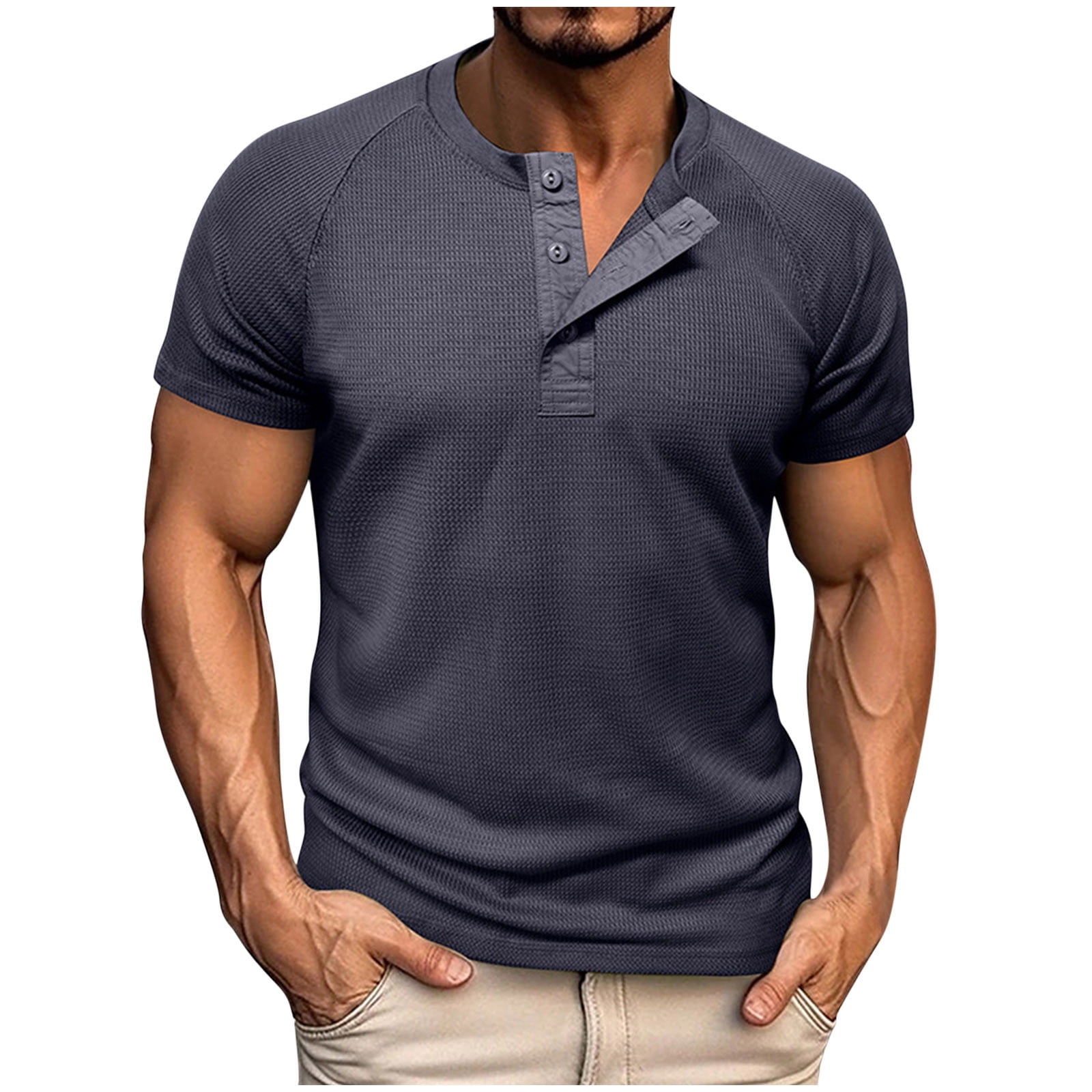 AHTJRT Mens Casual Short Sleeve Waffle Henley Tees Basic Summer Classic ...