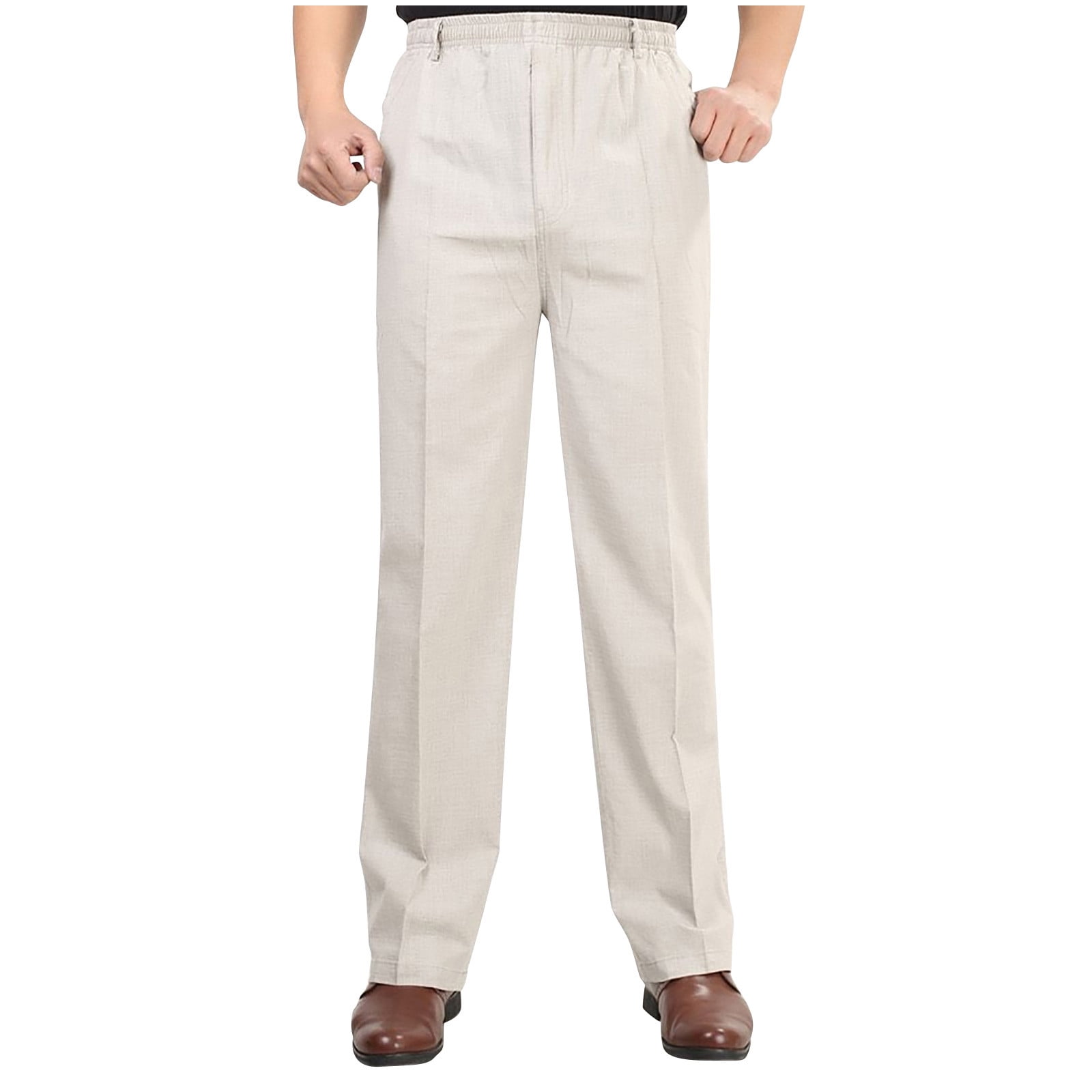 AHTJRT Mens Full Elastic Waist Linen Pull On Straight Trousers Business ...