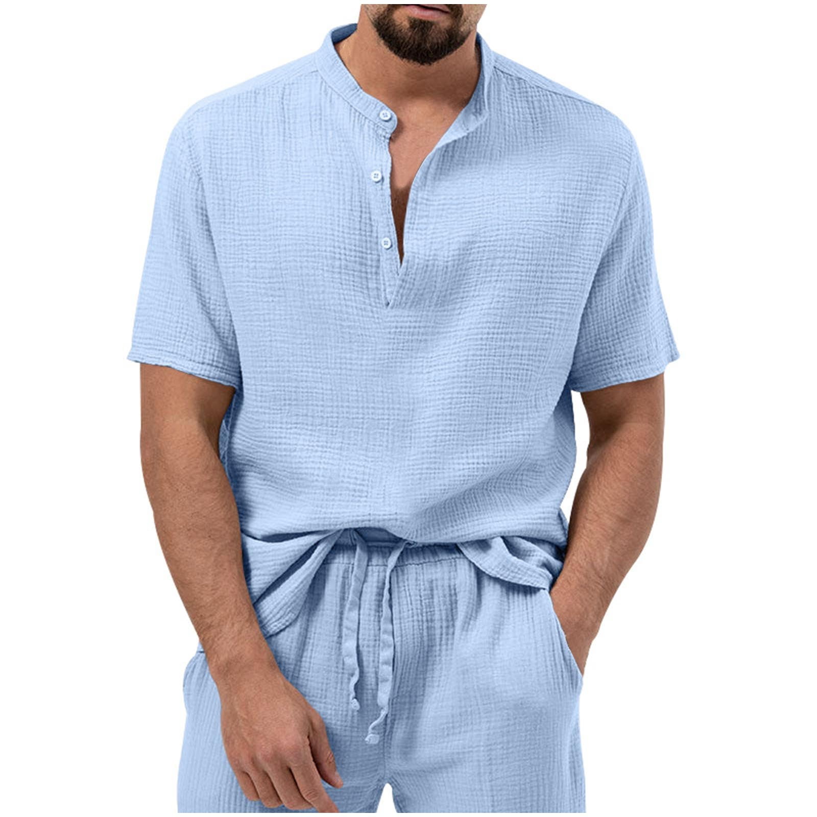 AHTJRT Mens Pleated Texture Short Sleeve Henley Shirt V Neck Button ...