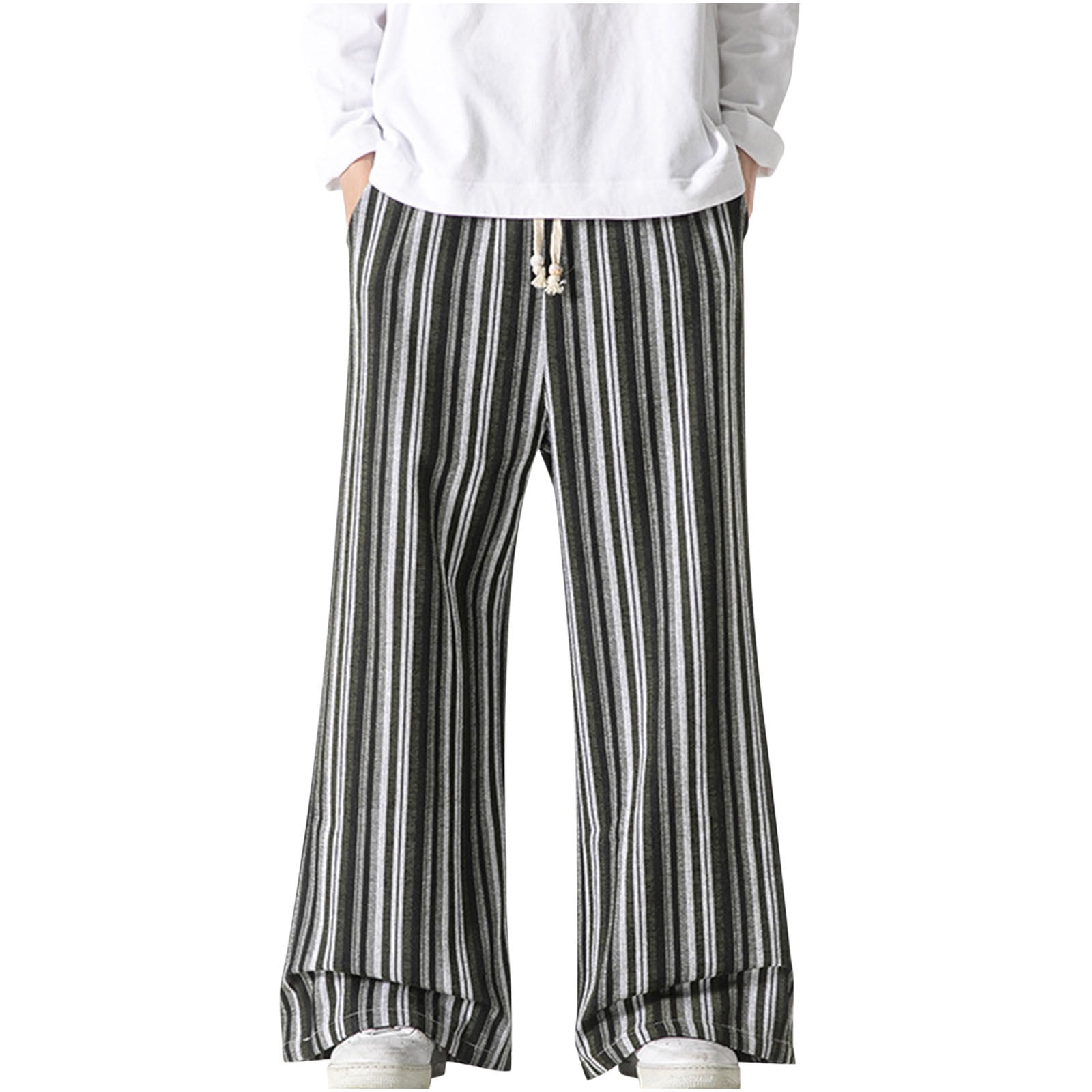 AHTJRT Mens Striped Wide Leg Pants Loose Fit Lightweight Elastic Waist ...