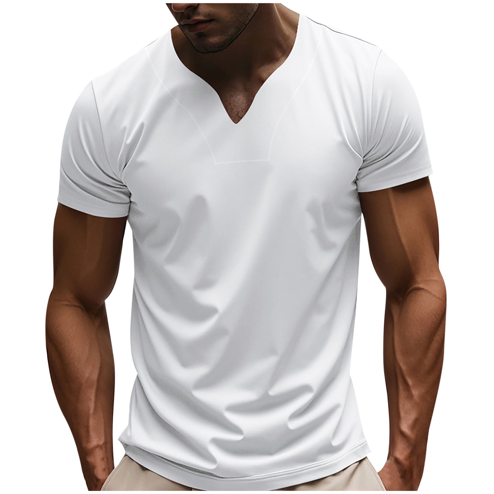AHTJRT Mens V Neck Short Sleeve Solid Color Muscle Fitness Gym Tee ...
