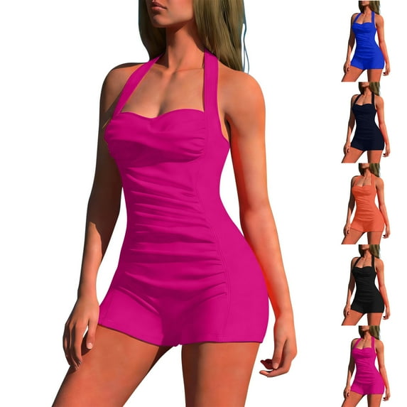 AHTJRT One-Piece Bathing Suit for Women Ruched Vinatge Halter Backless ...