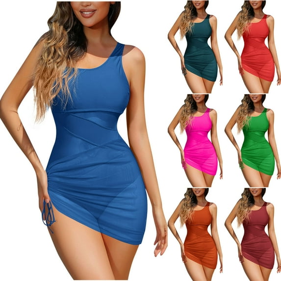 AHTJRT One Piece Swimdress for Women Padded Slim Fit High Waist Tummy ...