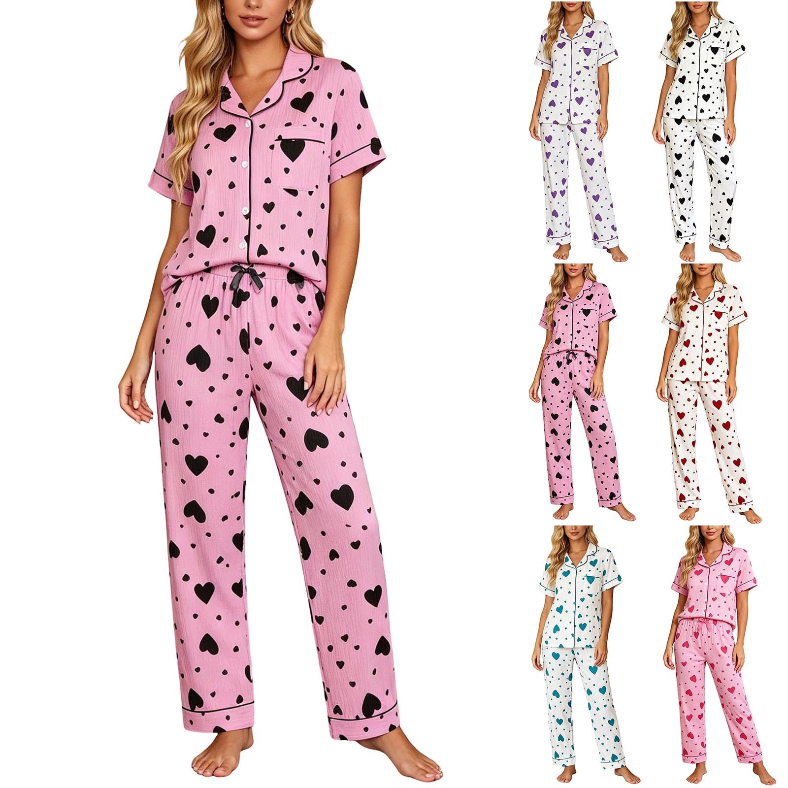 AHTJRT Pajama Sets for Woman Cute Love Heart Print Lounge Sets Short ...