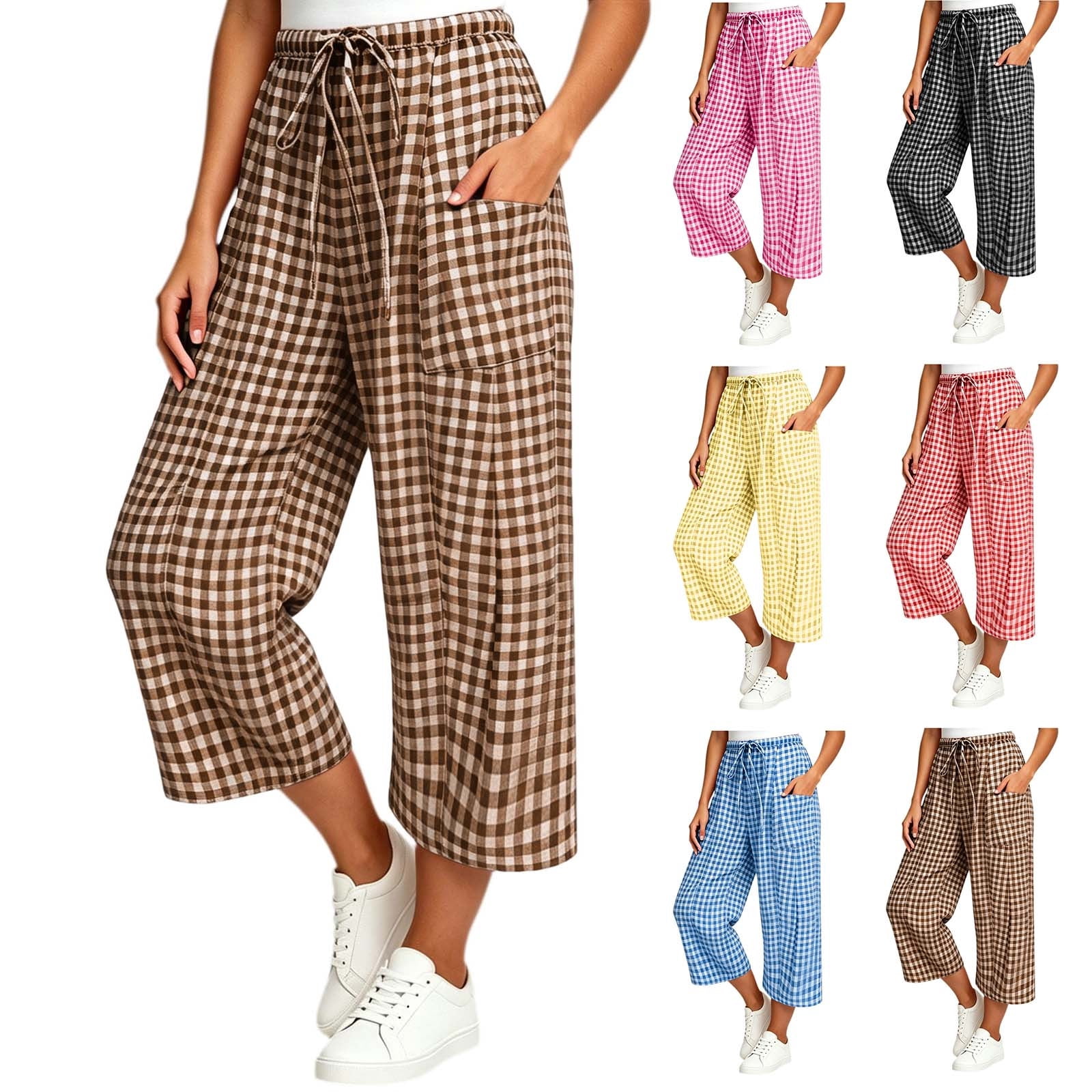 AHTJRT Plaid Capri Pants for Women Gingham Drawstrings Wide Leg ...