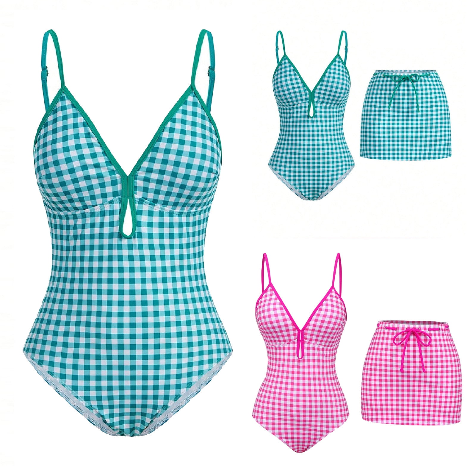 AHTJRT Plaid Swimsuit for Women Slimming Deep V Keyhole Neck High Cut 2 ...