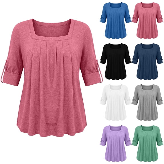 AHTJRT Plus Size 3/4 Sleeve Shirts for Women Square Neck Ruched Front ...
