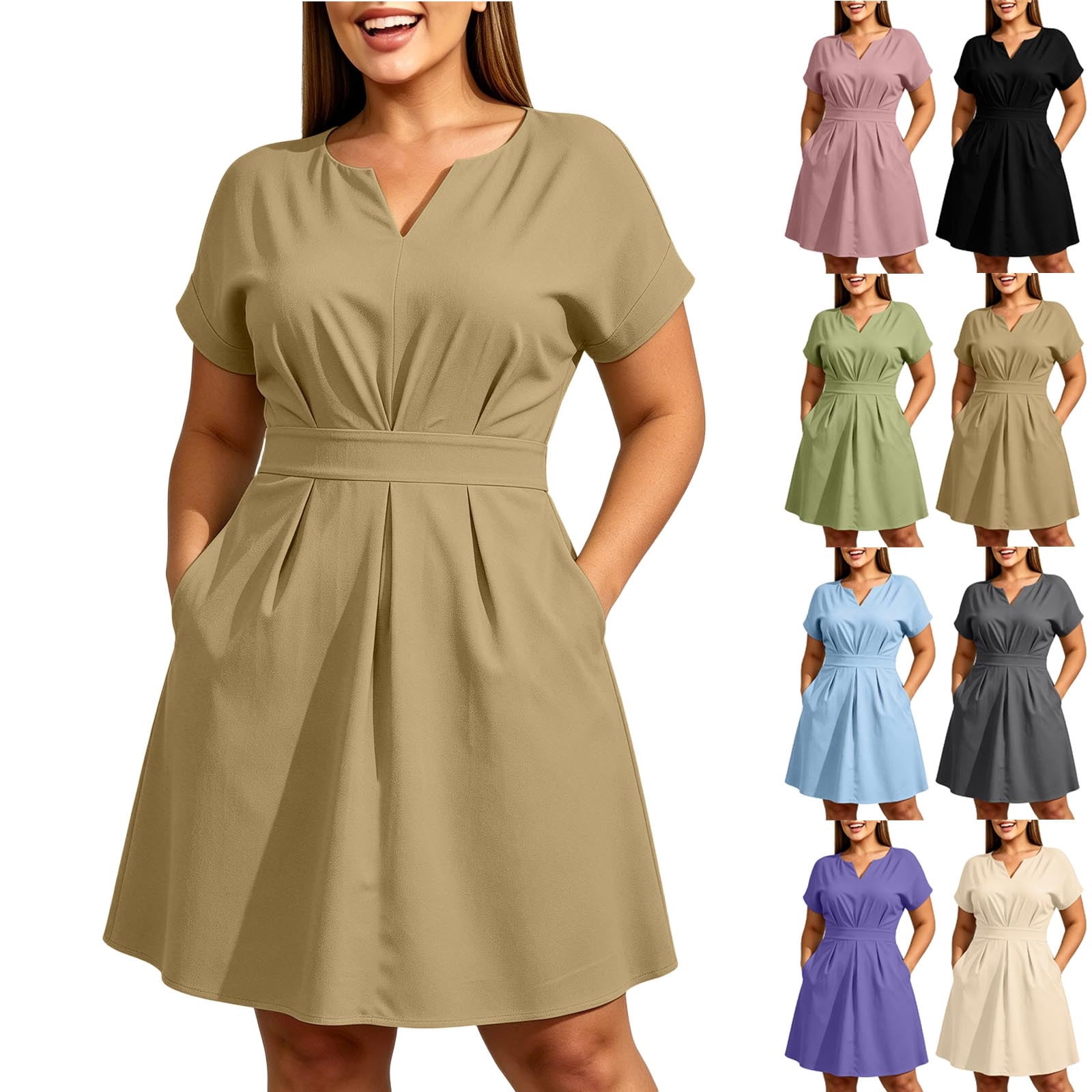 AHTJRT Plus Size A Line Dress for Women V Neck Short Sleeve Solid Color ...
