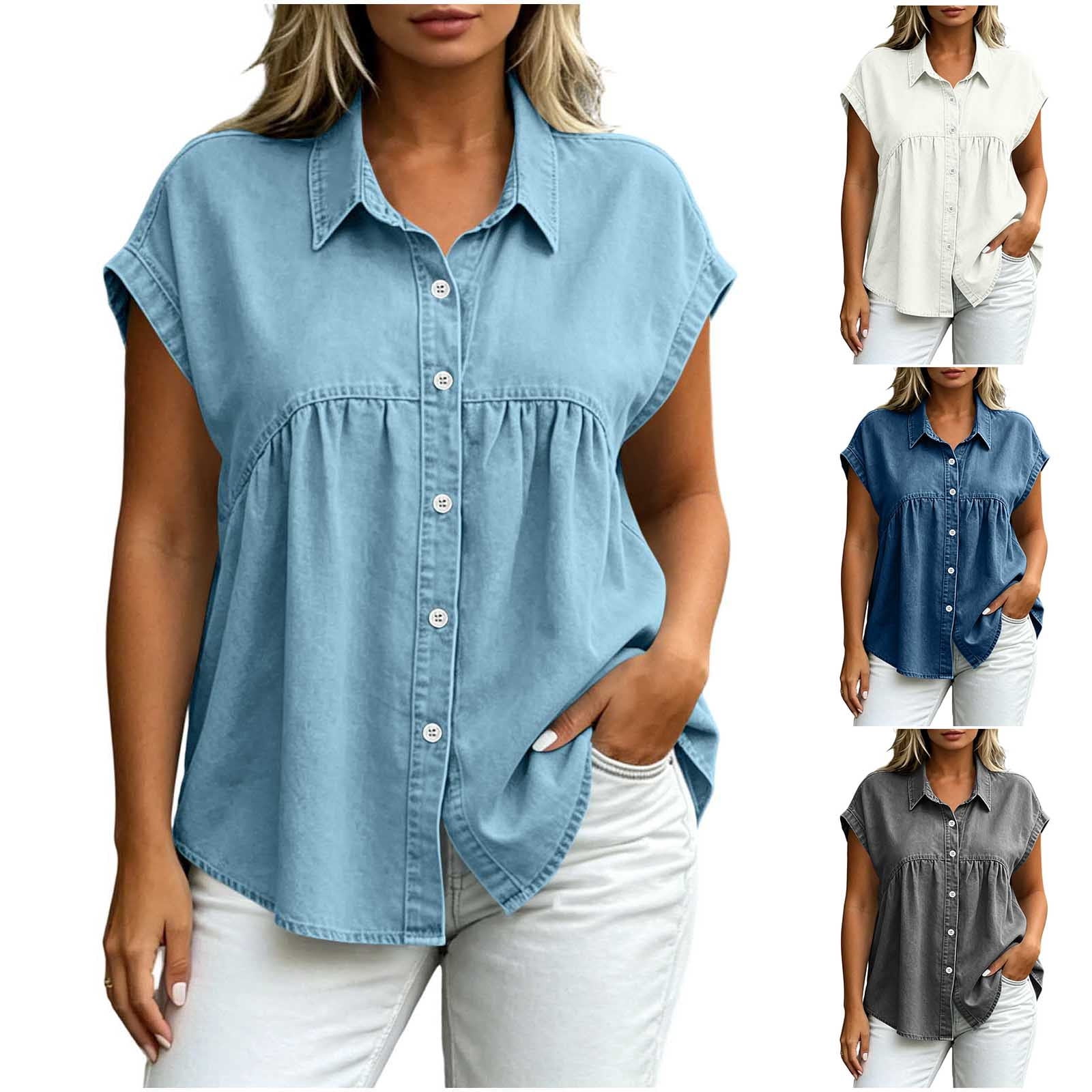 AHTJRT Plus Size Button Down Blouse for Women Cap Sleeve Loose Lapel ...