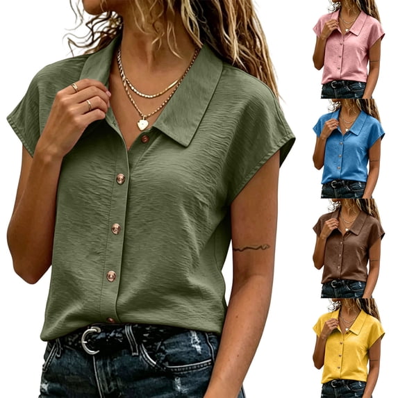 AHTJRT Plus Size Button Down Shirts for Women Cap Sleeve Lapel Collar ...