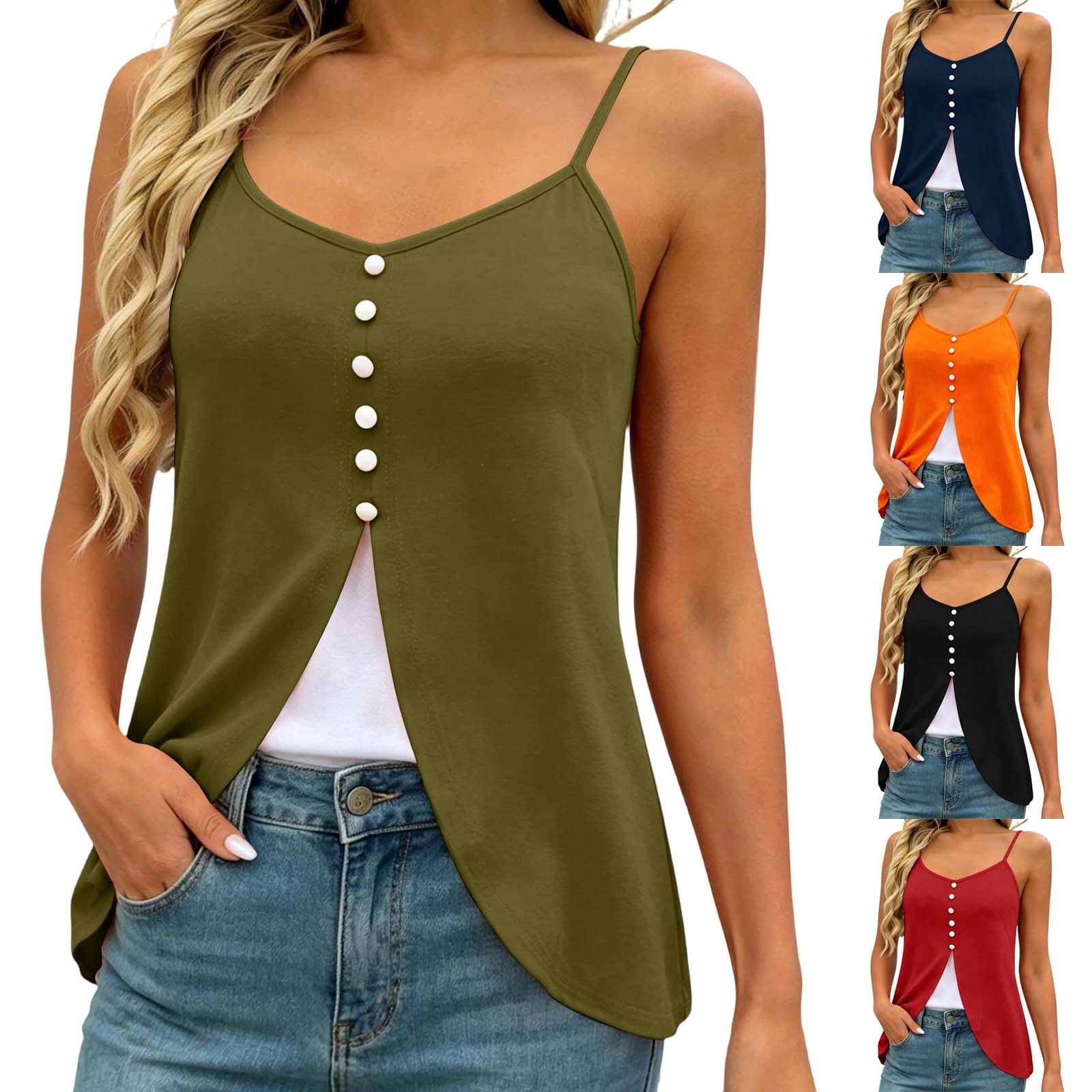 AHTJRT Plus Size Camisole for Women Spaghetti Straps V Neck Button Cami ...