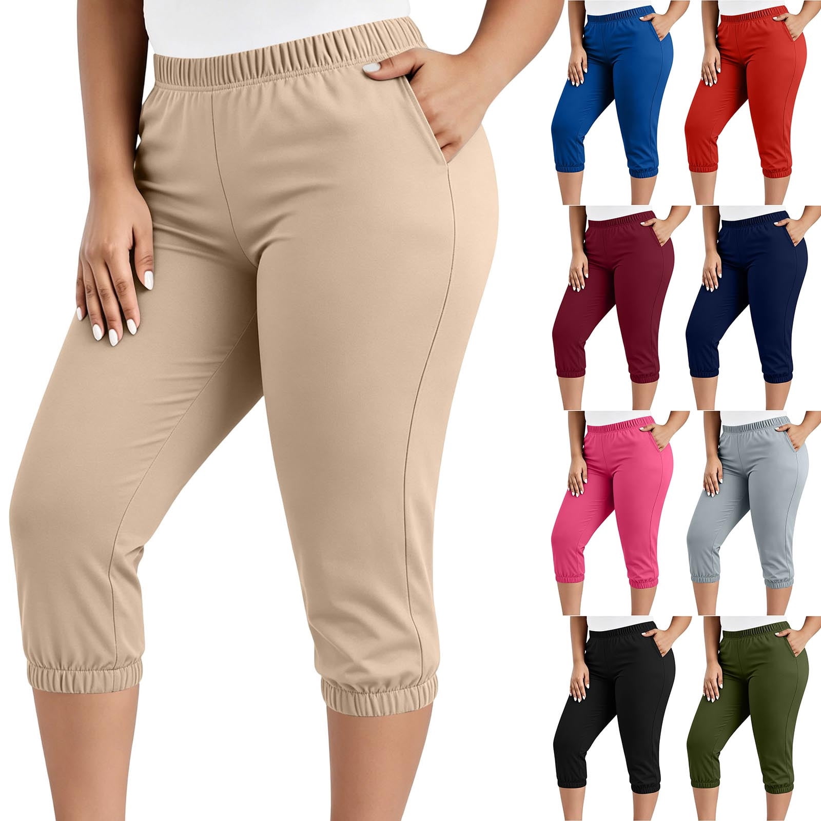 AHTJRT Plus Size Capri Pants for Women Elastic Wais Skinny Leg Cropped ...