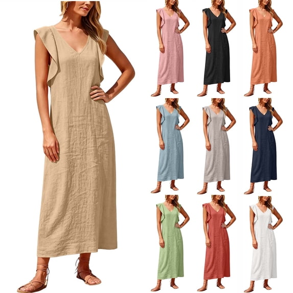 AHTJRT Plus Size Linen Dress for Women V Neck Sundress Cap Sleeve Long ...