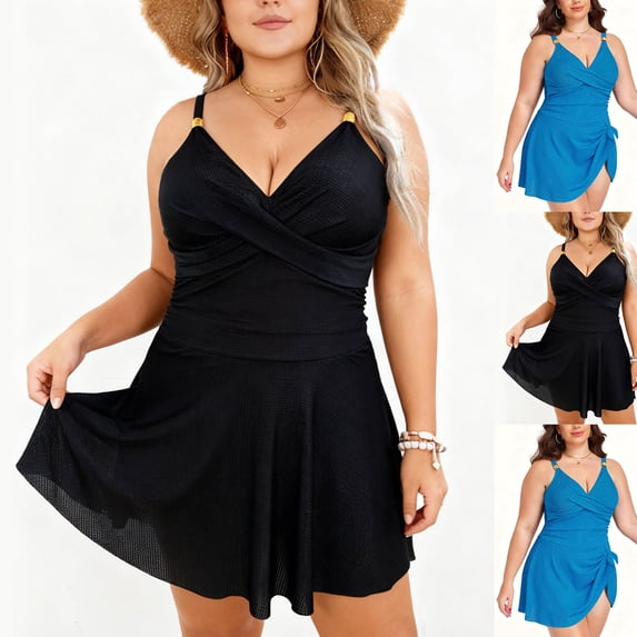 AHTJRT Plus Size Swimdress for Women Ruched Twist Front V Neck Loose ...