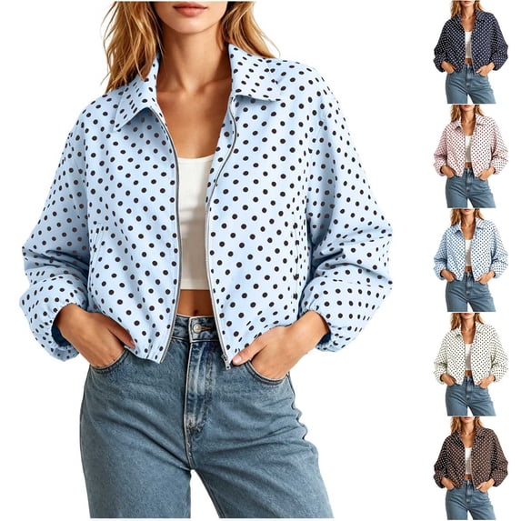 AHTJRT Polka Dots Jacket for Women Zip-Up Lapel Collar Cropped Baseball ...