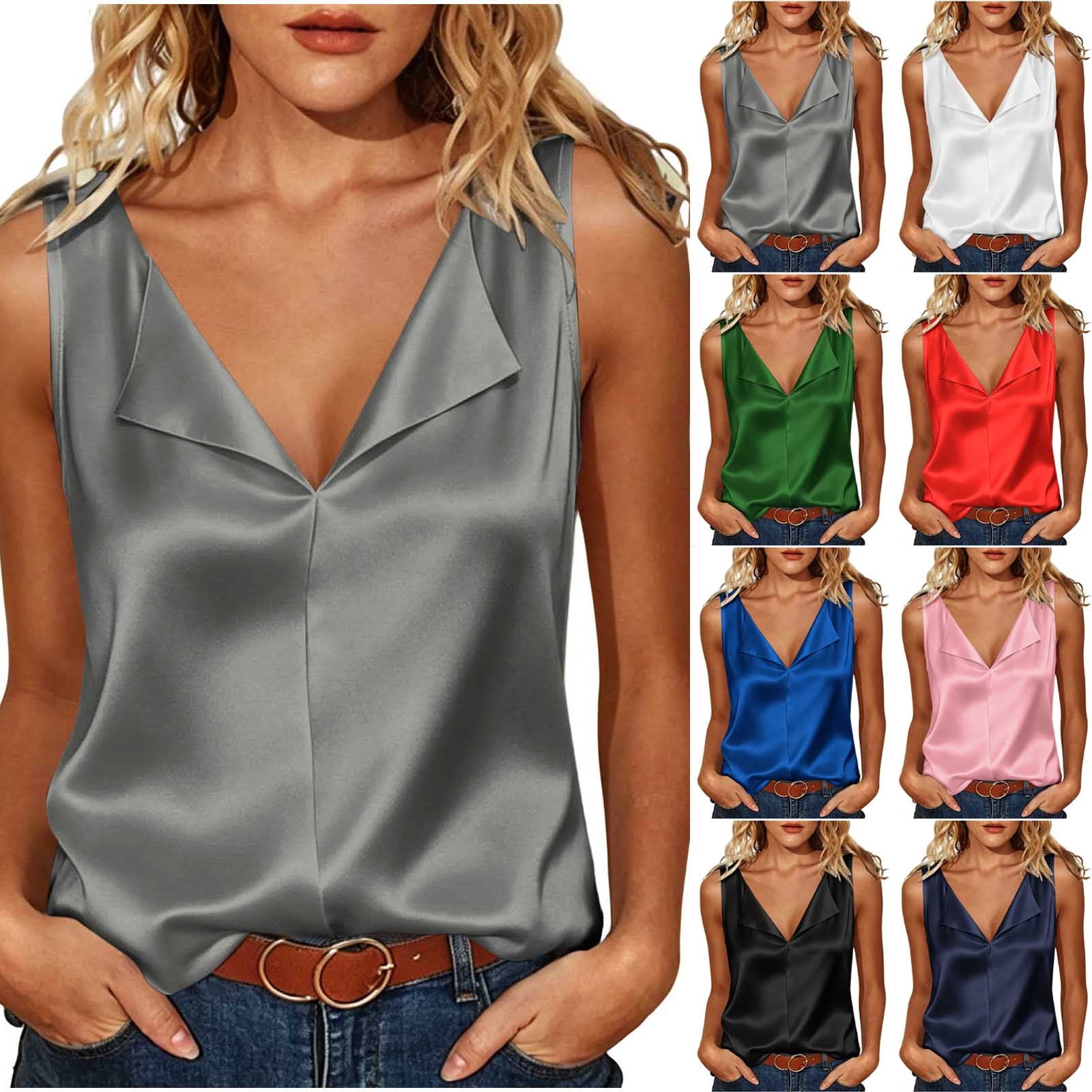 AHTJRT Satin Silk Sleeveless Shirts for Women Lapel Deep V Neck Tank ...