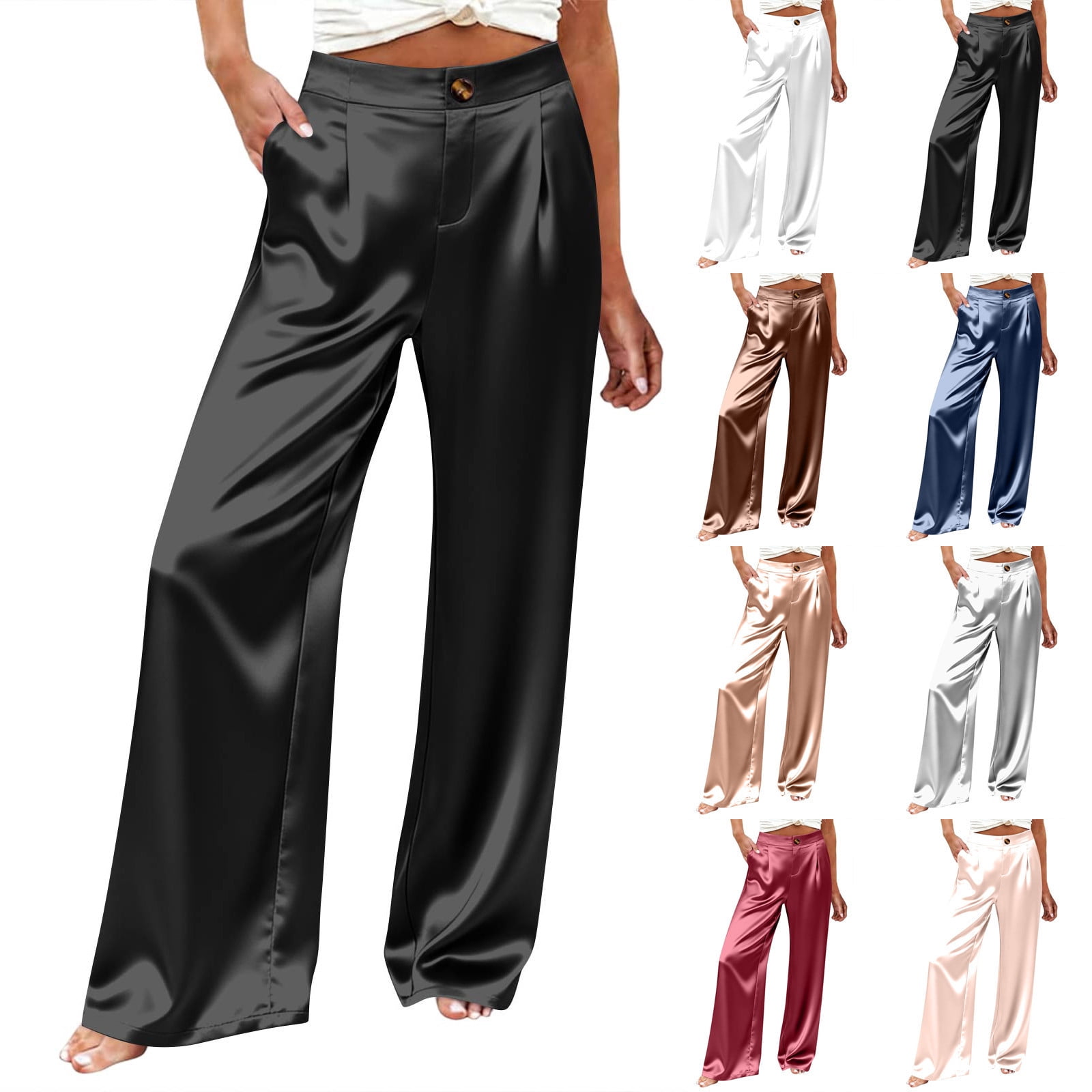 AHTJRT Satin Silk Wide Leg Pants for Women Loose Baggy Soft Comfy ...