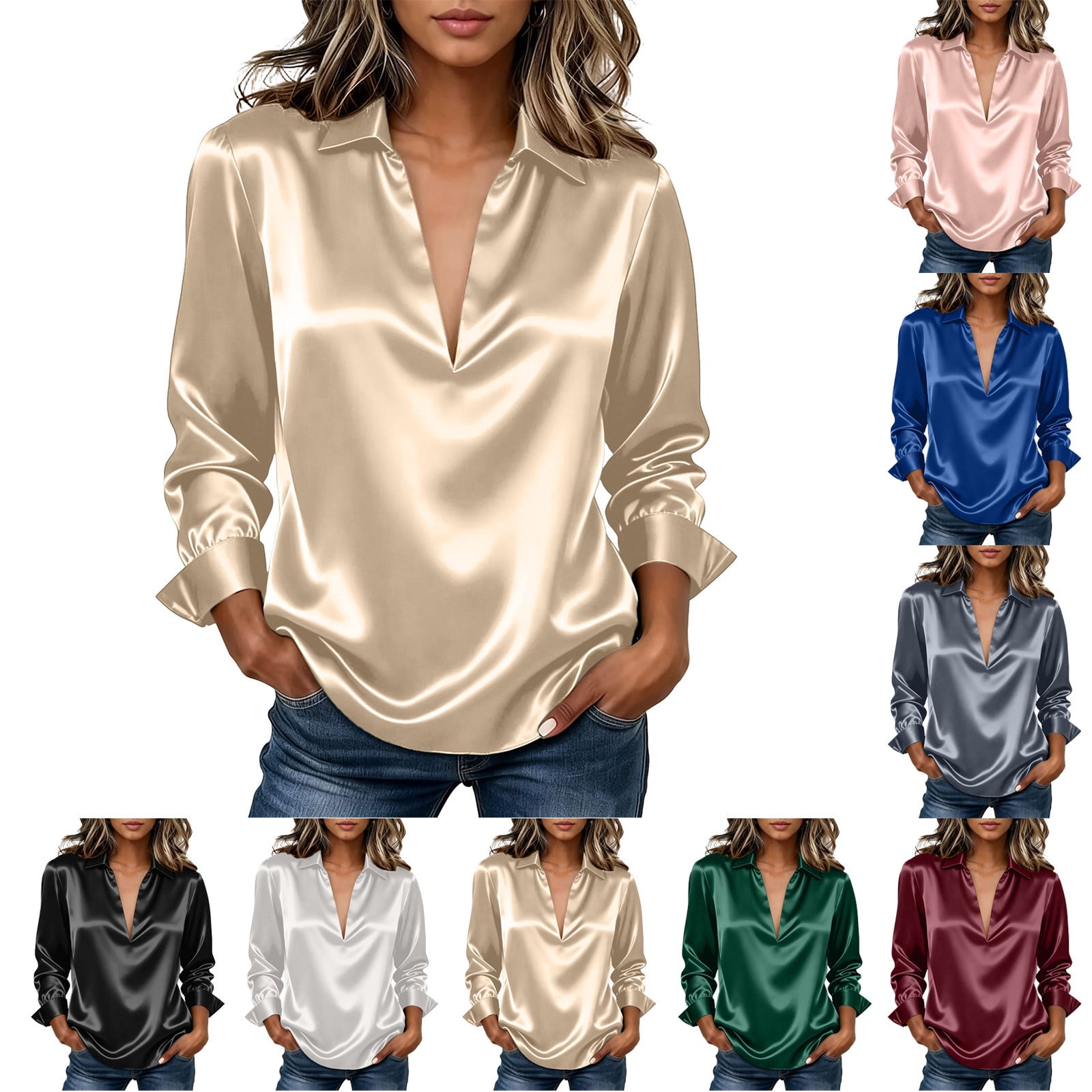 AHTJRT Satin Tops for Women Deep V Neck Collared Basic Tees Long Sleeve ...