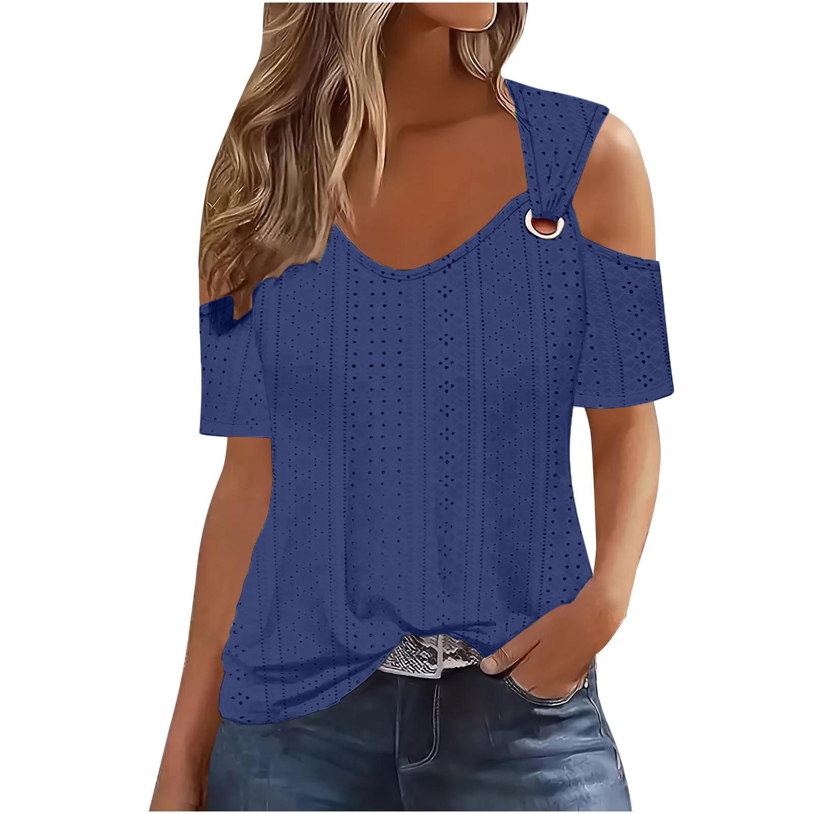 AHTJRT Sexy Cold Shoulder Tops Summer Hollow Out Eyelet Short Sleeve T ...