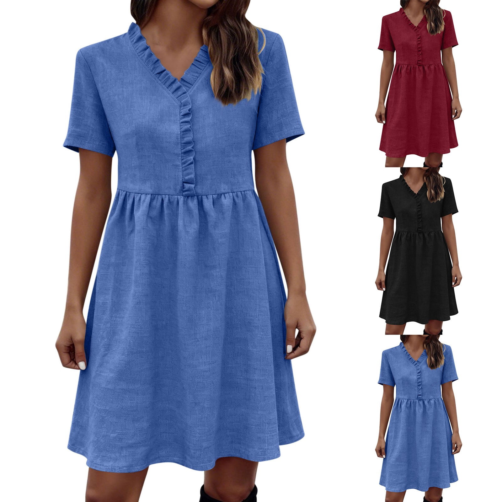 AHTJRT Short Sleeve Dress for Women Flounce Trim V Neck Flowy A-Line ...