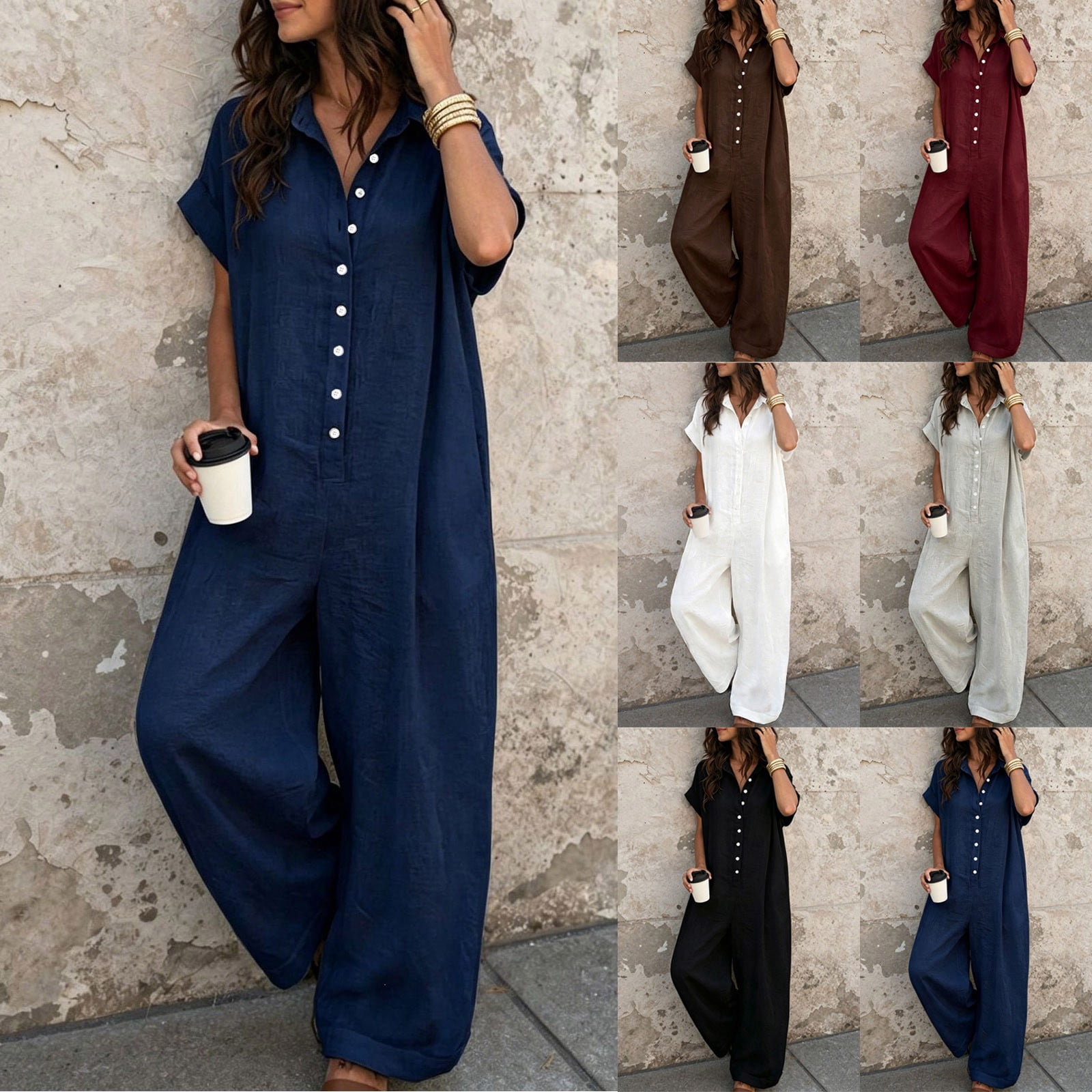 AHTJRT Short Sleeve Jumpsuit for Women Collared Baggy Loose Fit Wide ...