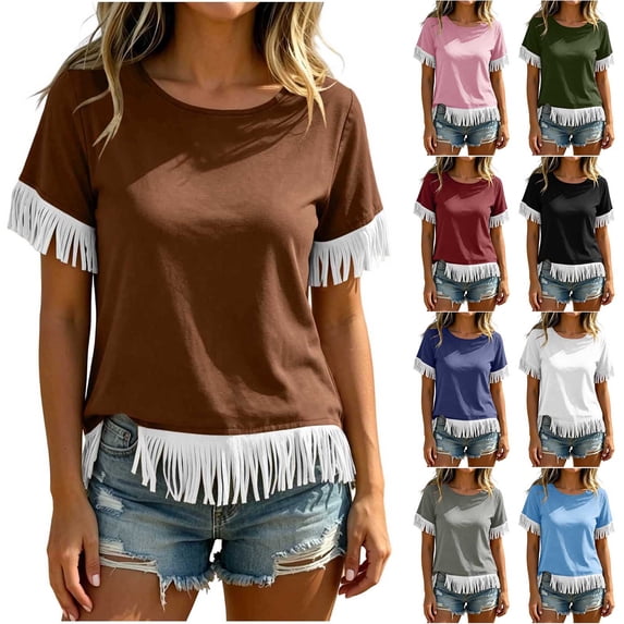 AHTJRT Short Sleeve Shirt for Women Crew Neck Fashion Retro Fringe Trim ...