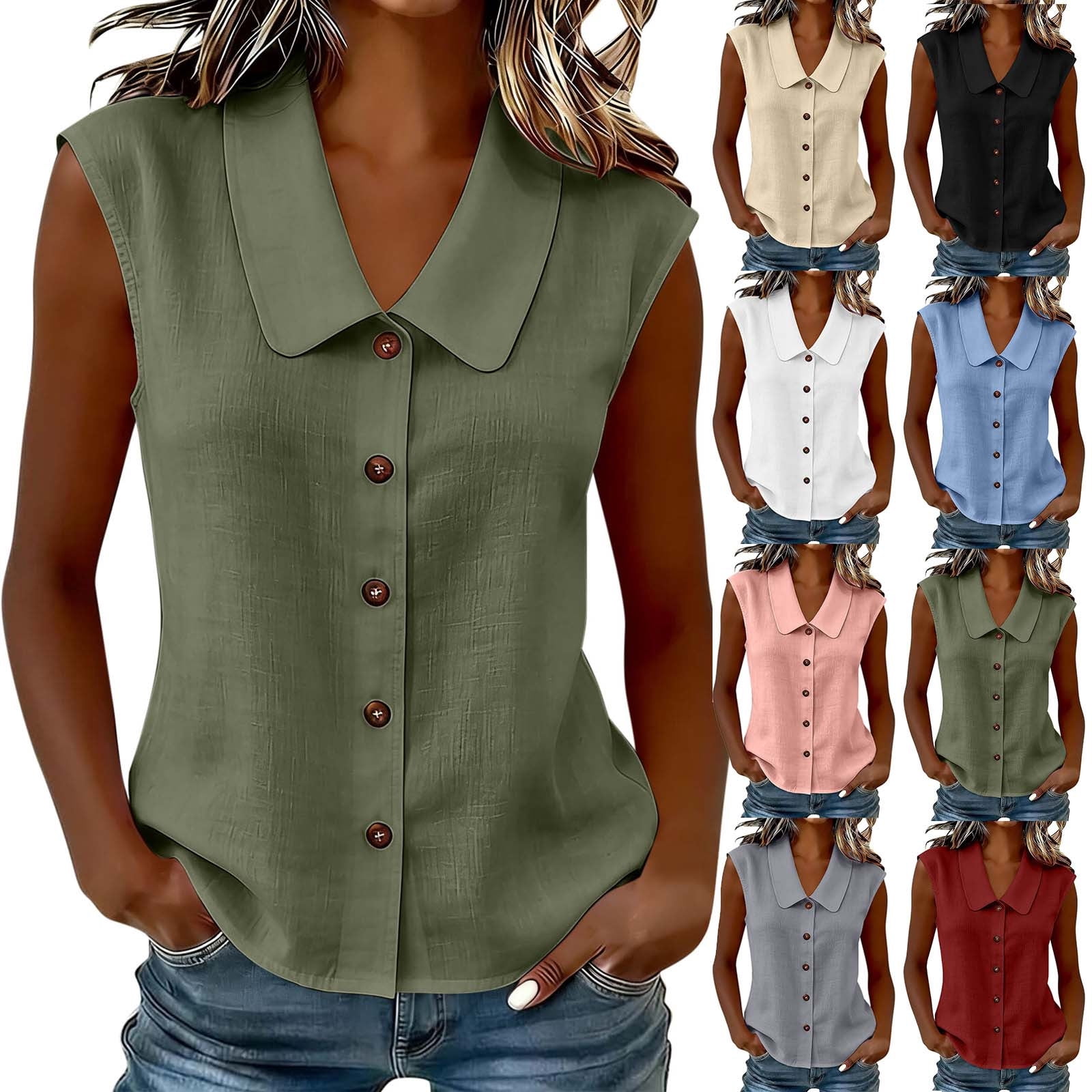 AHTJRT Sleeveless Button Down Shirts for Women Dressy Casual Summer ...
