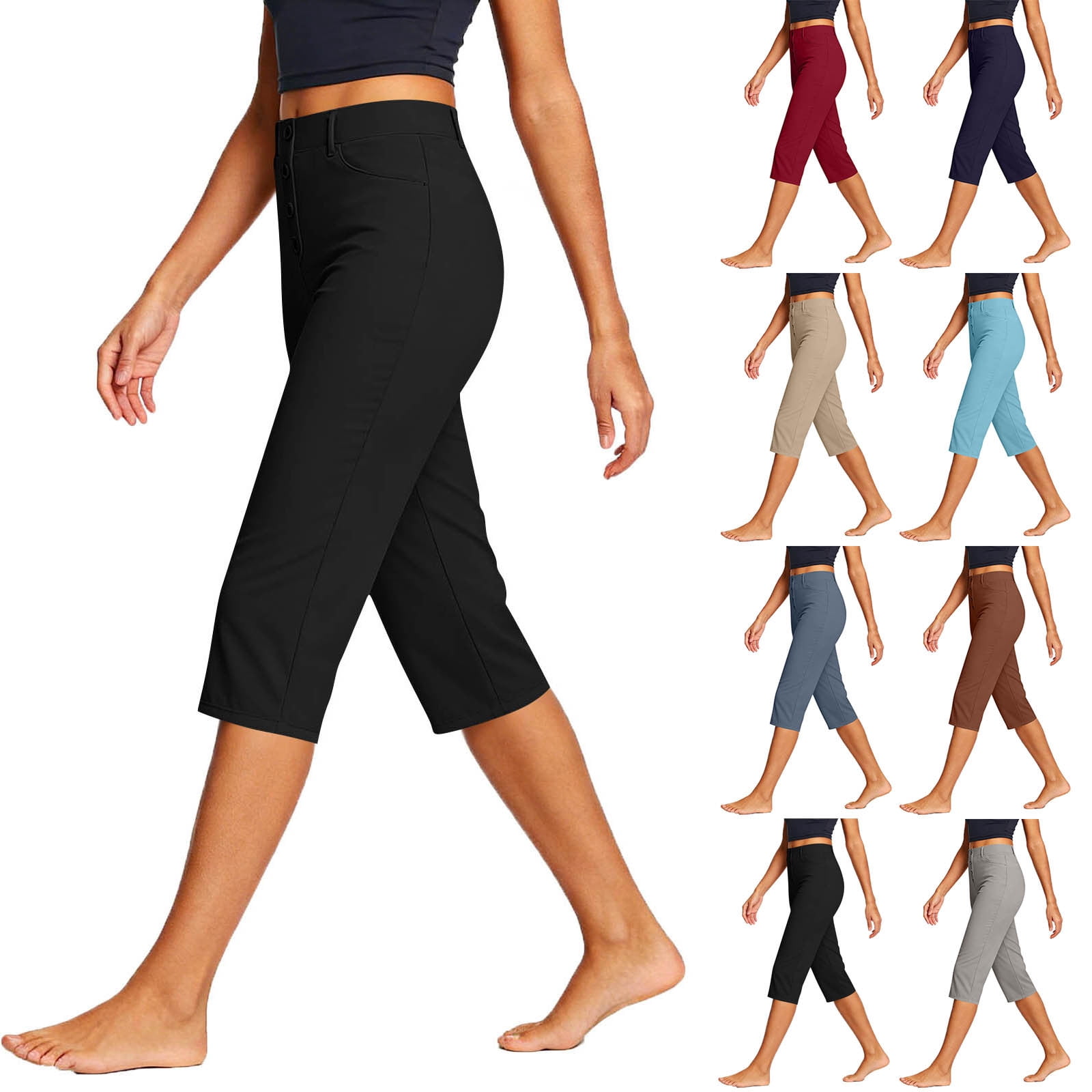 AHTJRT Straight Leg Capris for Women Casual Slim-Leg Front Button ...