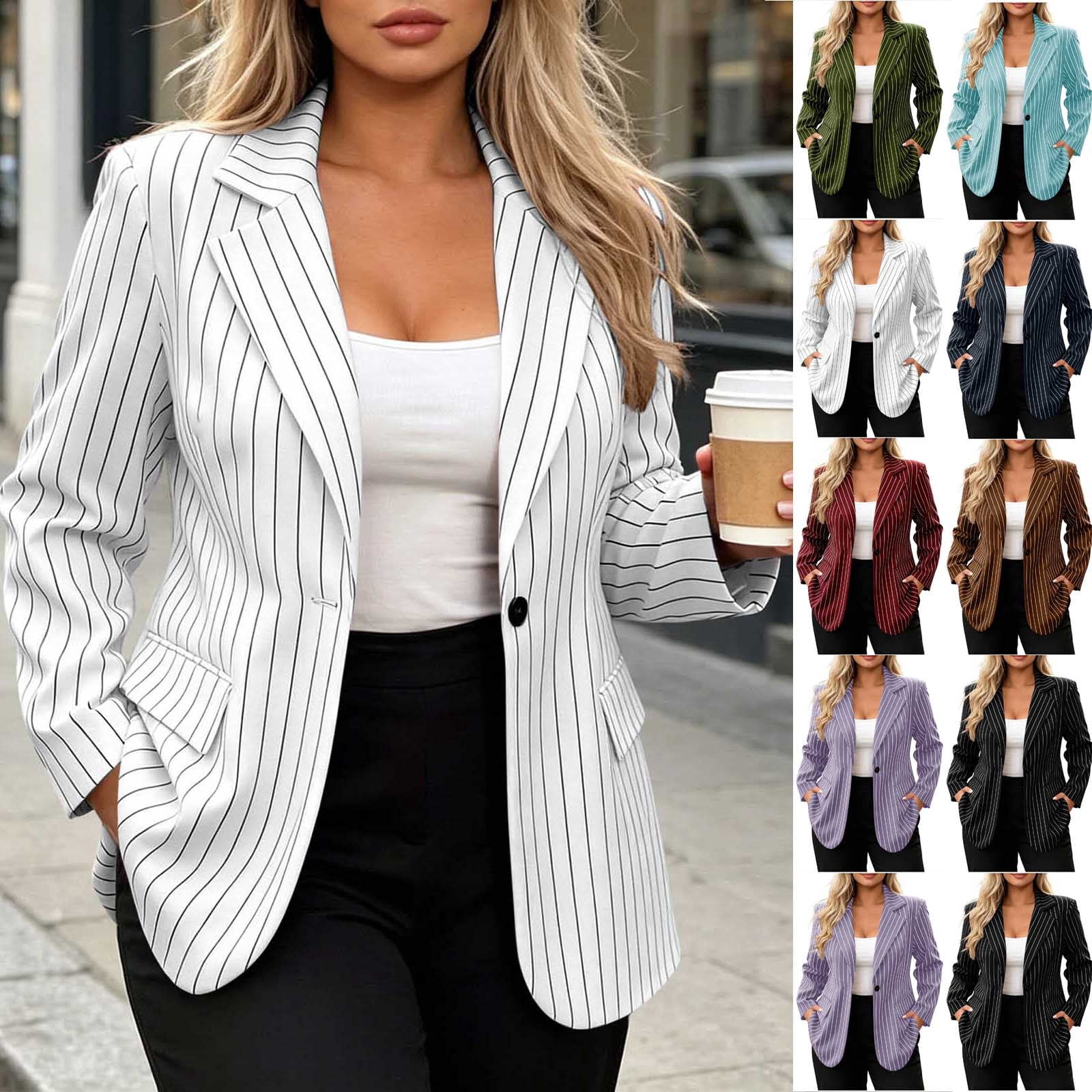 AHTJRT Striped Blazer for Women Notched Lapel One Button Casual ...