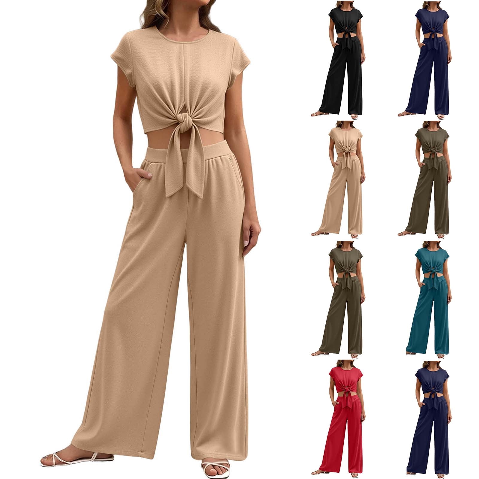 AHTJRT Summer Two Piece Outfits for Women Crew Neck Tie Knot Front ...