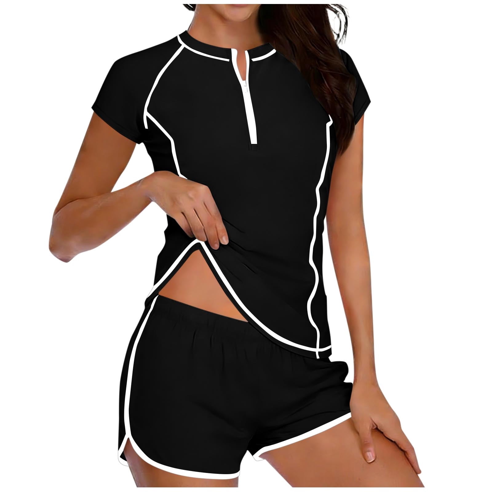 AHTJRT Swimsuit for Women Short Sleeve Tops with Beach Shorts Rash ...