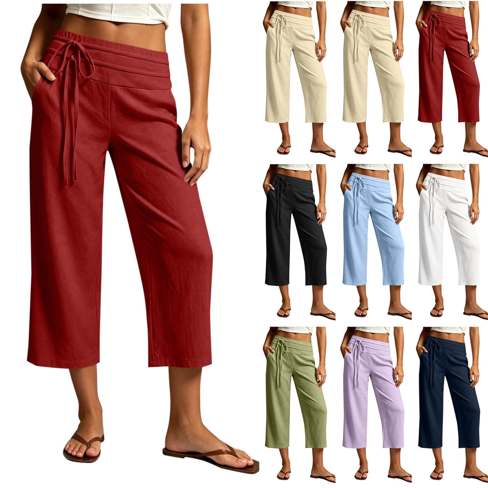 AHTJRT Tie Side Capri Pants for Women High Waist Casual Wide Leg Summer ...